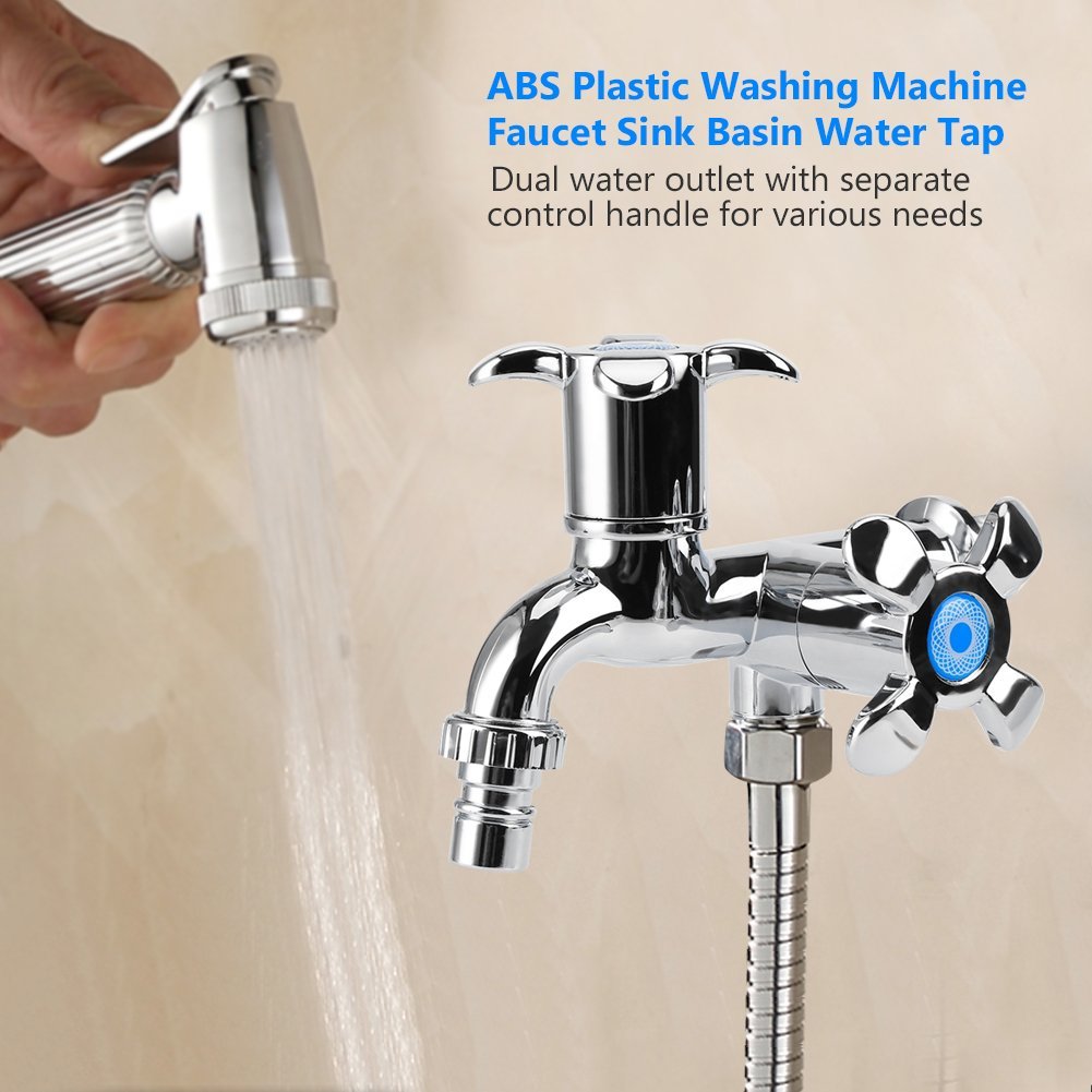 Fdit Water Tap Faucet Sink Basin Single Cooler Mixer Tap Double Spout Double Switch for Washing Machine Kitchen Sink Garden (Blossom Handle)
