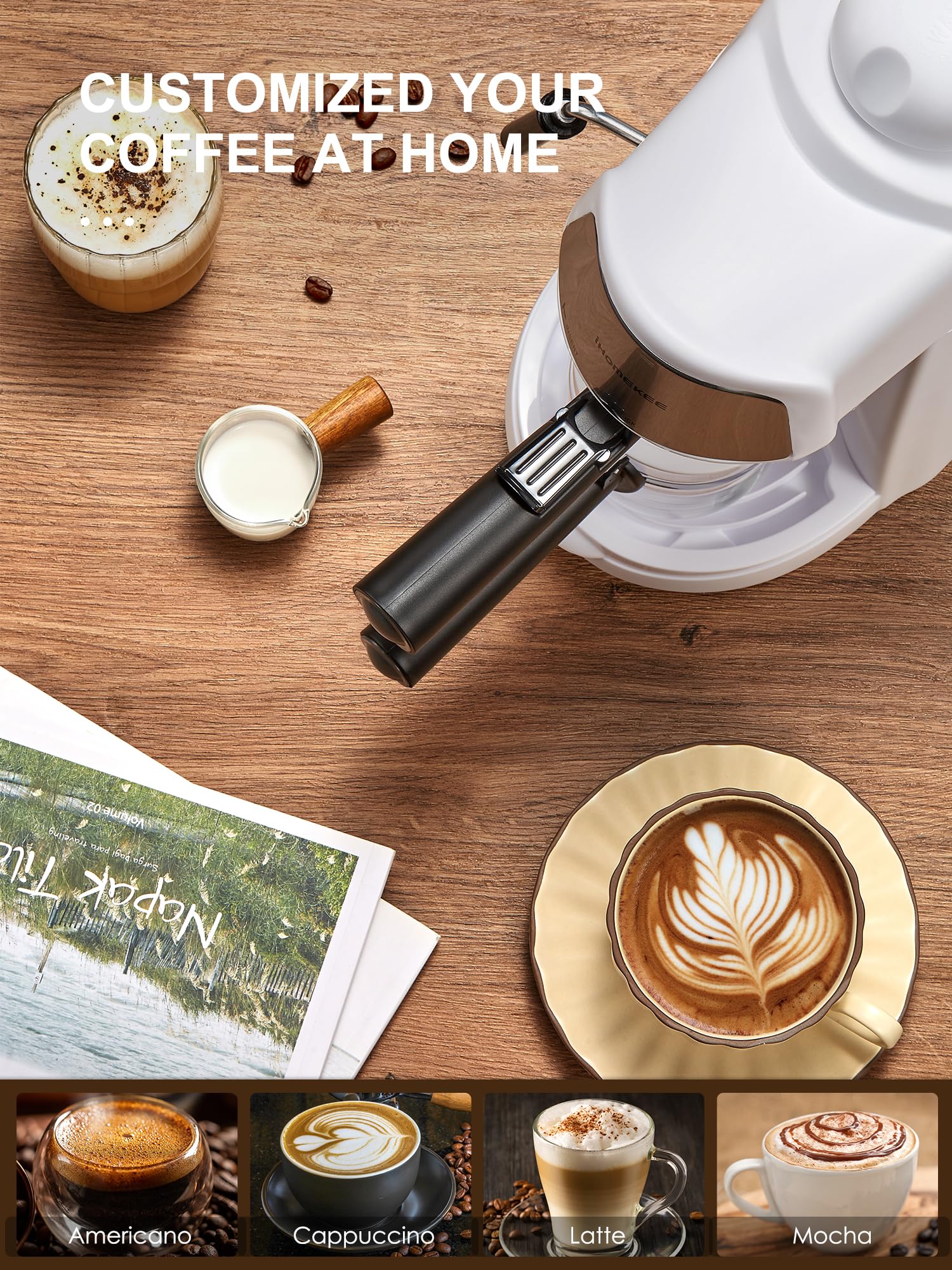Ihomekee Espresso Machine, 3.5Bar Espresso and Cappuccino Machine with Preheating Function, 4 Cup Coffee Maker with Milk Frothing Function and Steam Wand (White), CM6810
