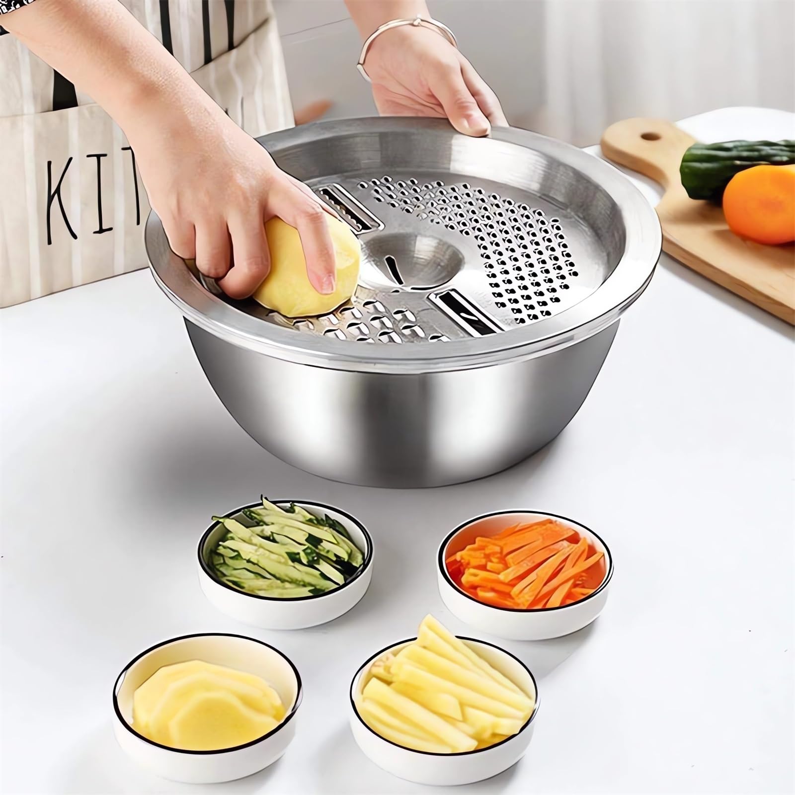 Germany Multifunctional Stainless Steel Basin - 2024 New Colander Strainer Set, Salad Spinner Fruit Vegetable Rice Washing Strainer Basket Bowl, Rice Rinser Food Graters with Container (DI-9.45in)