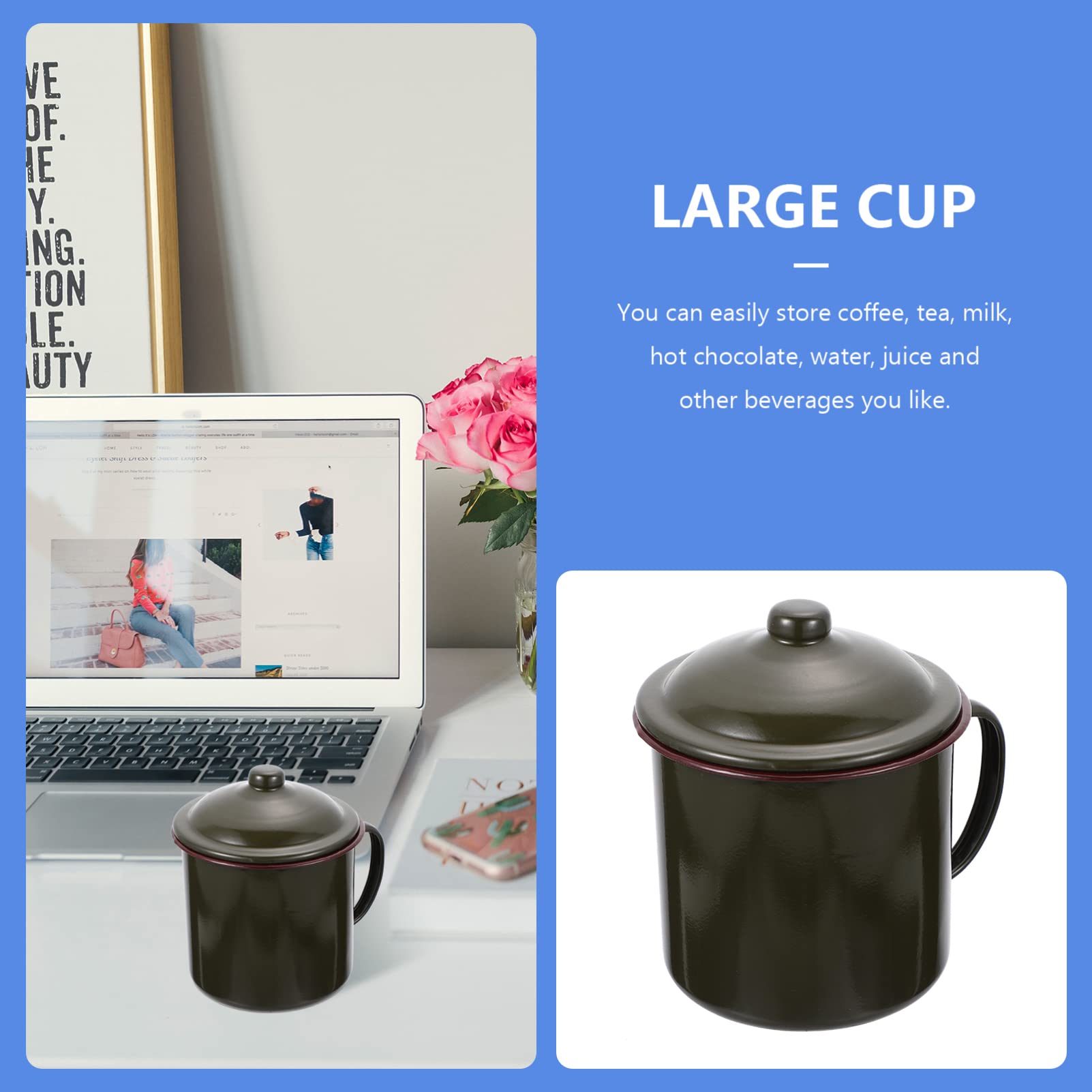 Garneck Enamelware Coffee Mug Enamel Camping Mug Vintage Iron Metal Water Cup with Lid Retro Wine Cup Drinking Tumbler for Tea Milk Juice Beverage Whiskey Green 12cm