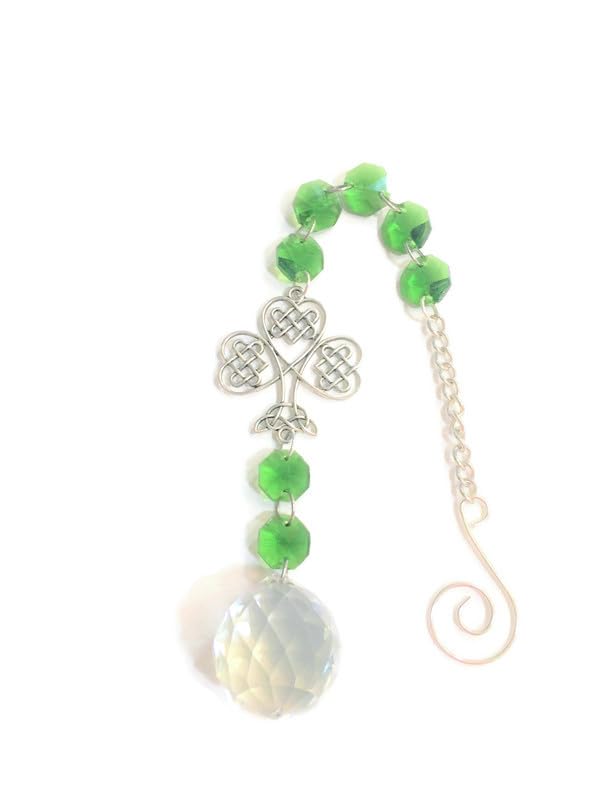 Mystic Celt Treasures- IRISH SHAMROCK SUNCATCHER -12" Irish Suncatcher, USA Handmade, Gift Wrapped, Irish, Shamrock, Ireland, Hearts, Emerald, Clover, Gift