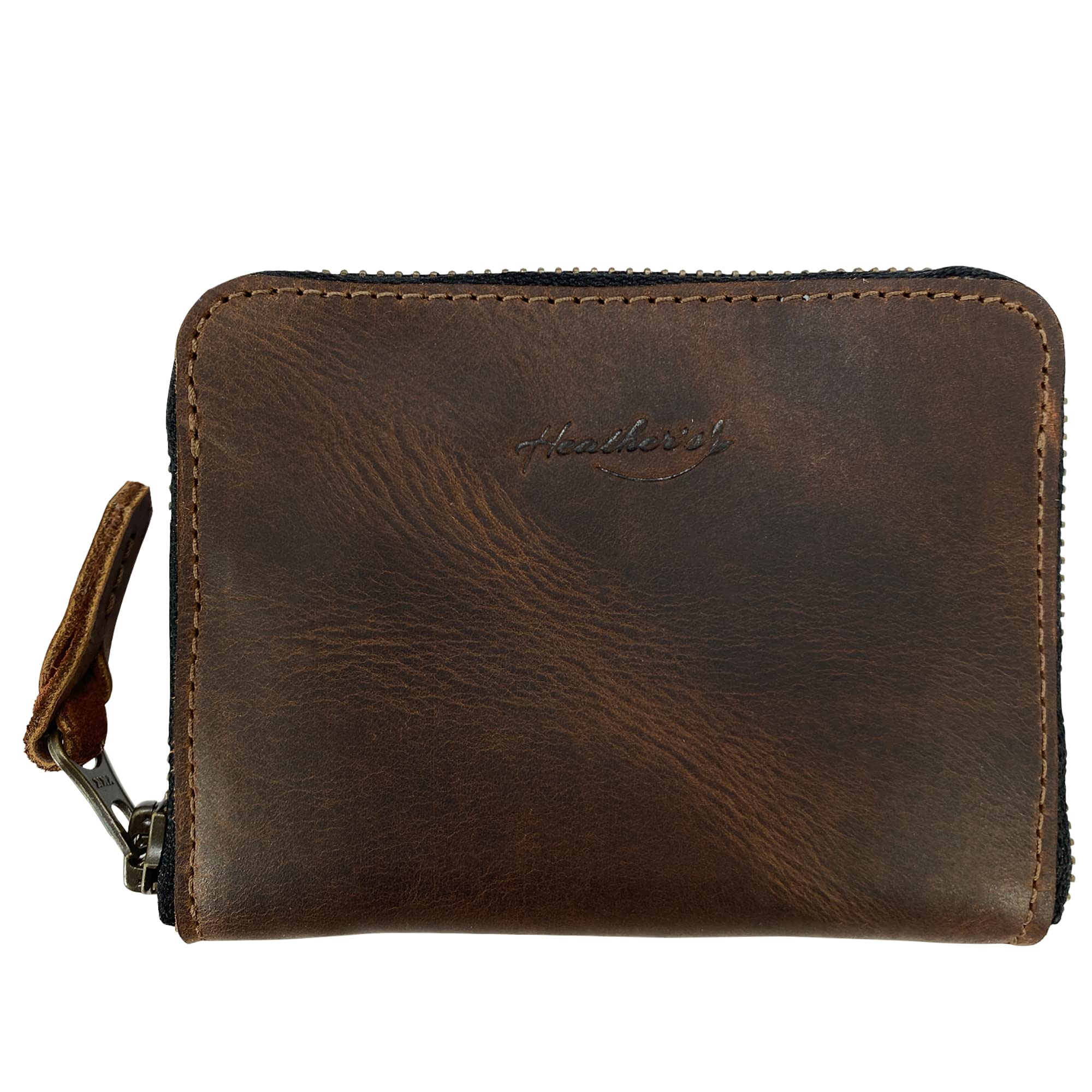 Heather's, Zippered Wallet Handmade from Full Grain Leather - Business Card & Money Holder, Compact Pocket Organizer, Everyday Accessories - Bourbon Brown