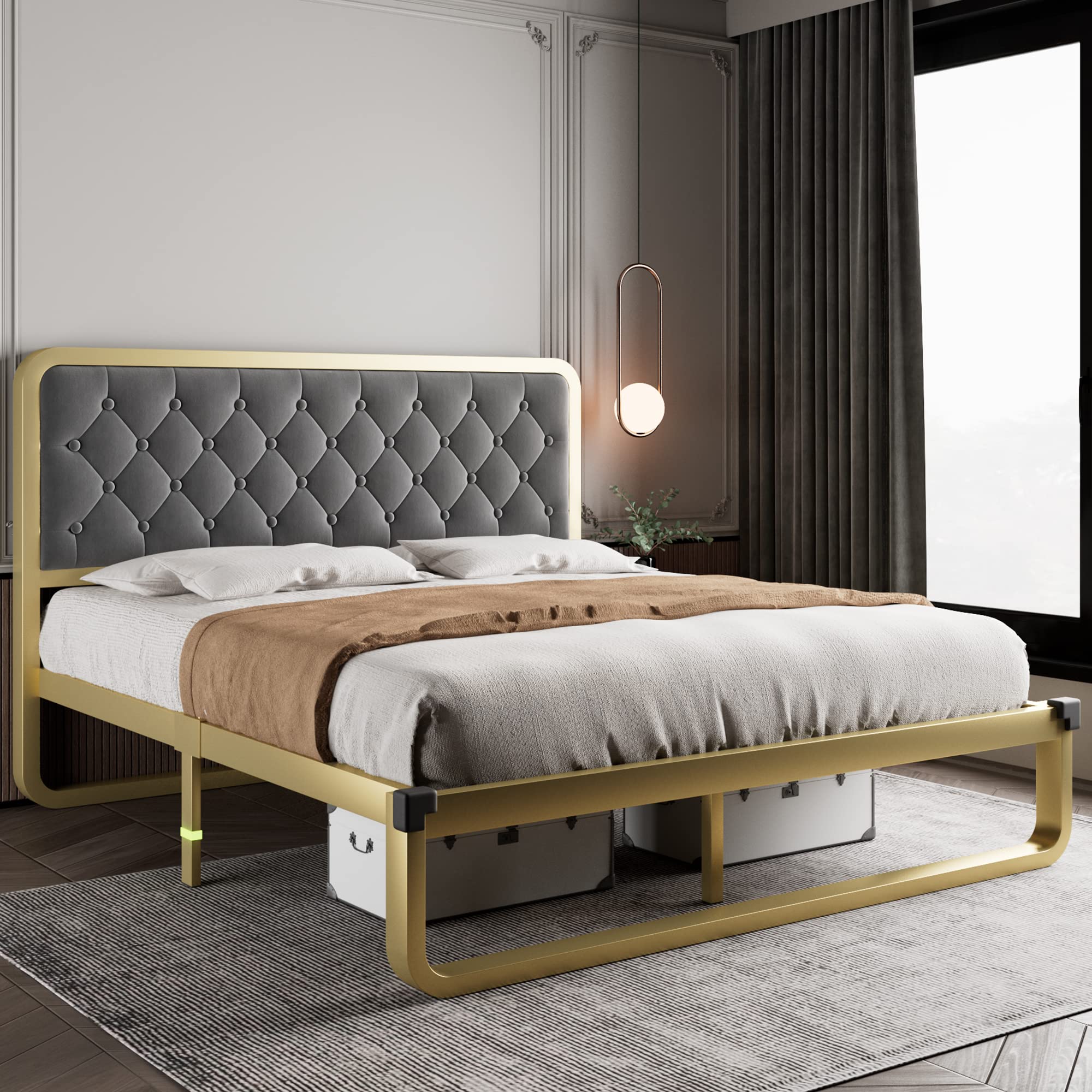 Feonase Queen Size Platform Bed Frame with Heavy-Duty Steel Slats, Velvet Upholstered Bed Frame with 12" Storage Space, No Box Spring Required, Noise Free, Easy Assembly, Golden and Gray