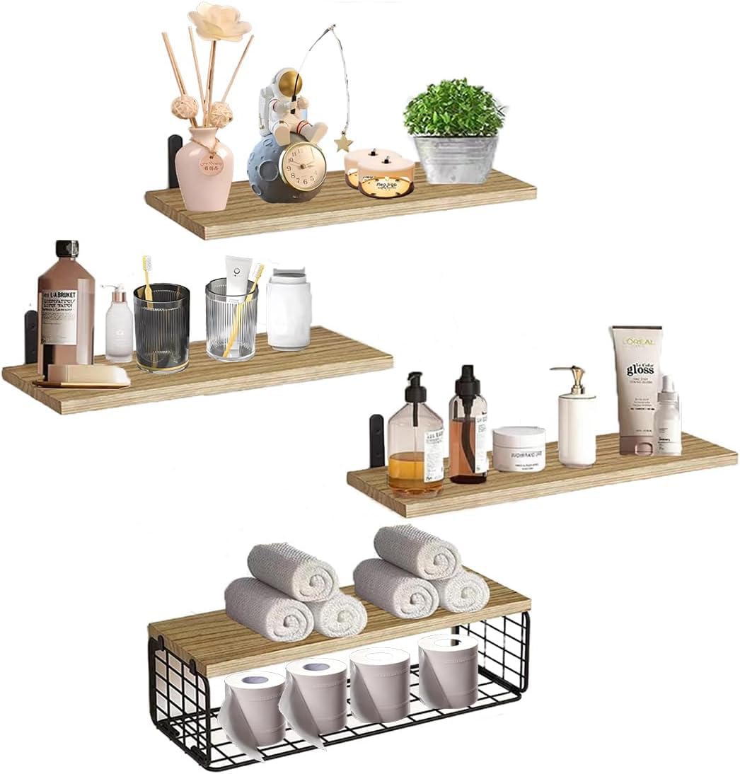 RUIJUXIN 4+1 Tier Floating Shelves, Floating Bathroom Shelf Wall Mounted with Wire Basket, Bathroom Shelfves Over Toilet, Farmhouse Wall Decor Plants