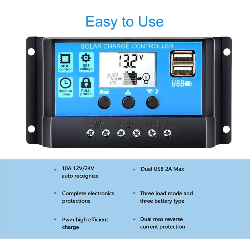 FANCY NOVA 20A Solar Charge Controller, Solar Panel Controller 12V/24V PWM Auto Paremeter Adjustable LCD Display Solar Panel Battery Regulator with Dual USB Port