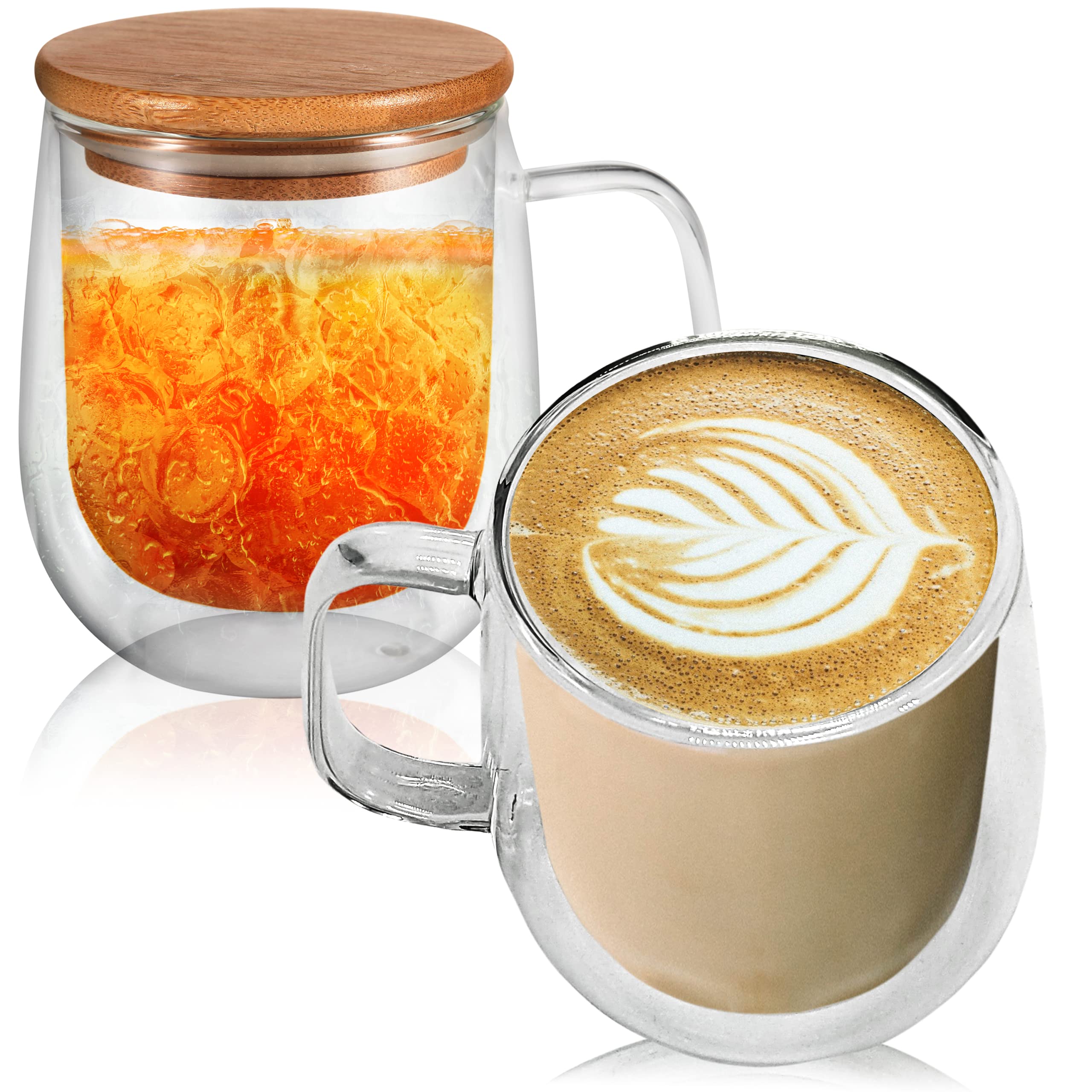 Double Wall Glass Coffee Mugs 16 oz set of 2, clear glass coffee mugs,glass mugs,large coffee mugs, cappuccino cup,tea cup, tea mug, latte cup, insulated coffee mug with handle