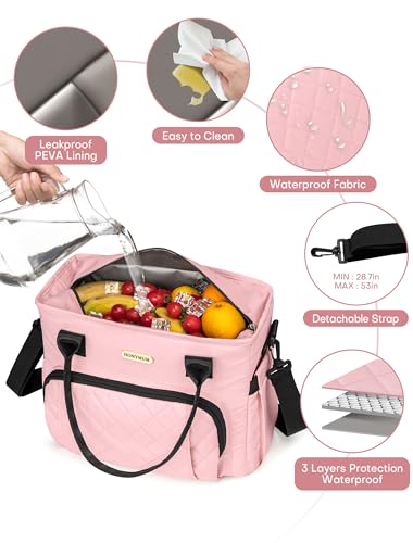ESMNOAN 13L Large Insulated Lunch Bag, Leak Proof Lunch Box for Women with Bottle Holder & Adjustable Shoulder Strap, Lunch Cooler Bag for Work Picnic Beach, Pink