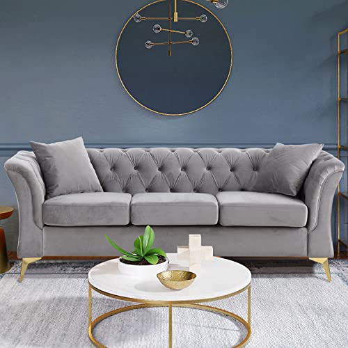 kevinplus 84'' Chesterfield Sofa Couch for Living Room, Modern Velvet 3-Seat Upholstered Sofa Couch for Apartment Bedroom Dorm Office, Strong Gold Metal Legs, 2 Pillows, Grey