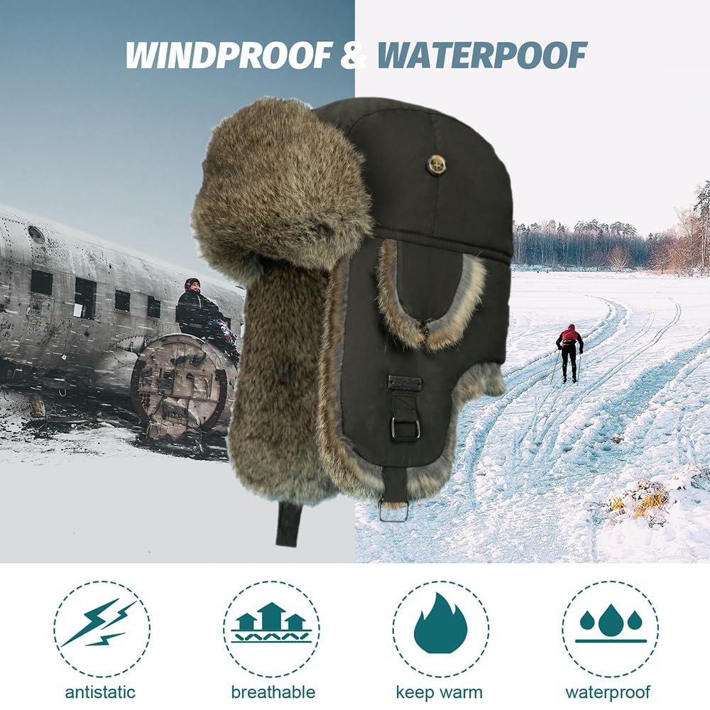 Fur Winter Trapper Hat,100% Rabbit Fur Aviator Ski Trapper Trooper Pilot Hat,Snow Eskimo Hat with Ear Flaps for Men & Women