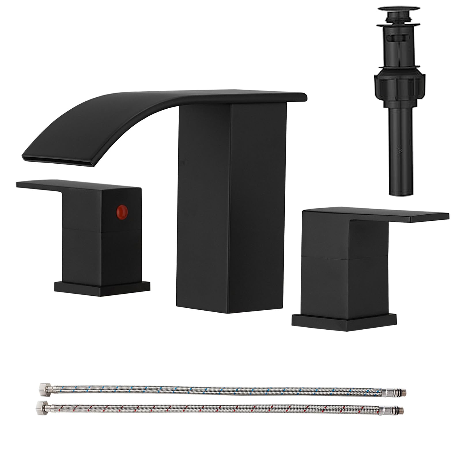 RUMOSE 8 inch Bathroom Faucets Set Matte Black Bathroom Sink Faucet 3 Hole with Pop Up Drain Widespread 2 Handles Stainless Steel Lavatory Vanity Faucet Waterfall Spout Bathroom Faucet Deck Mounted