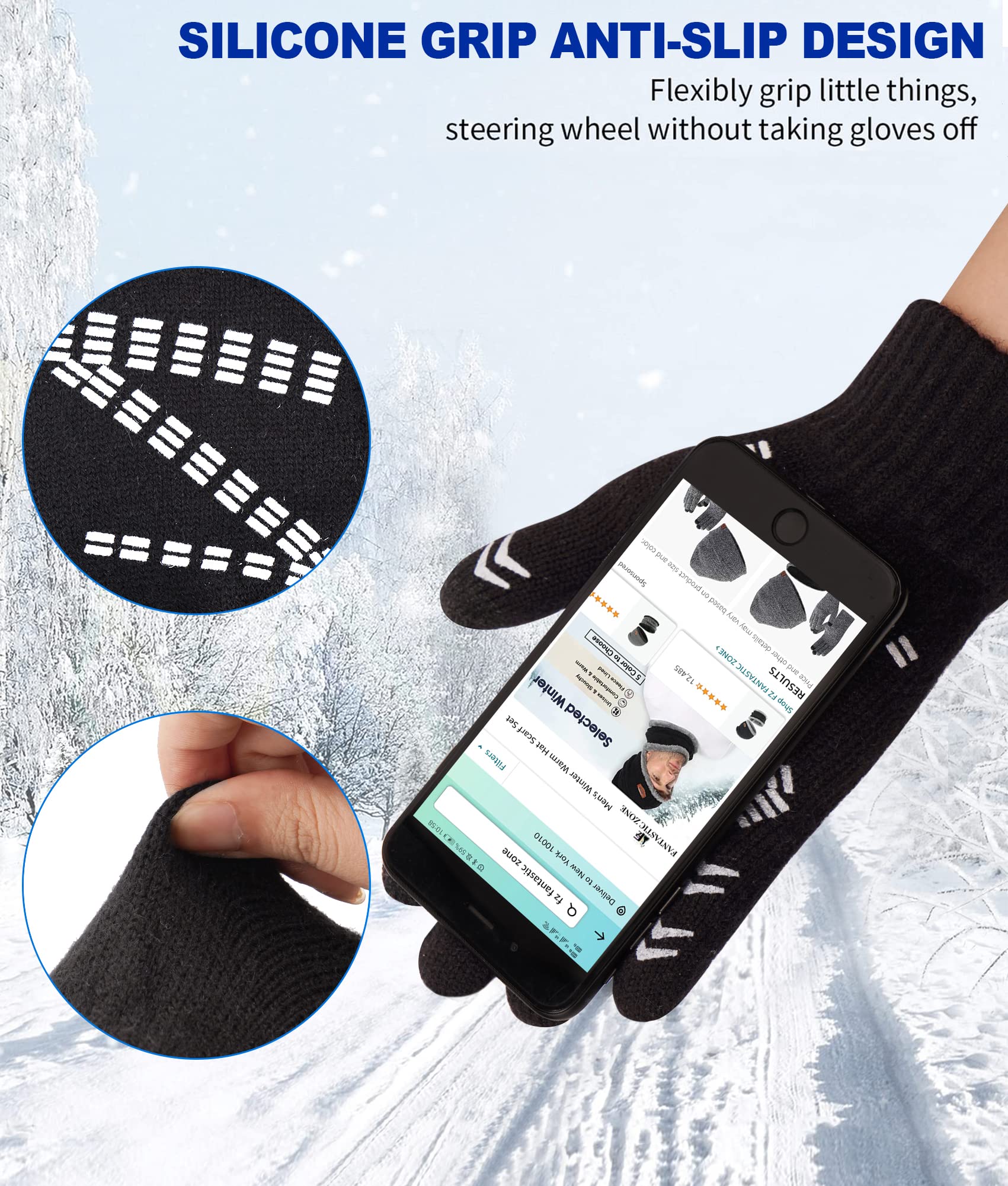 FZ FANTASTIC ZONE Mens Winter Gloves Warm Thermal Soft Wool Knit Touchscreen Gloves for Women