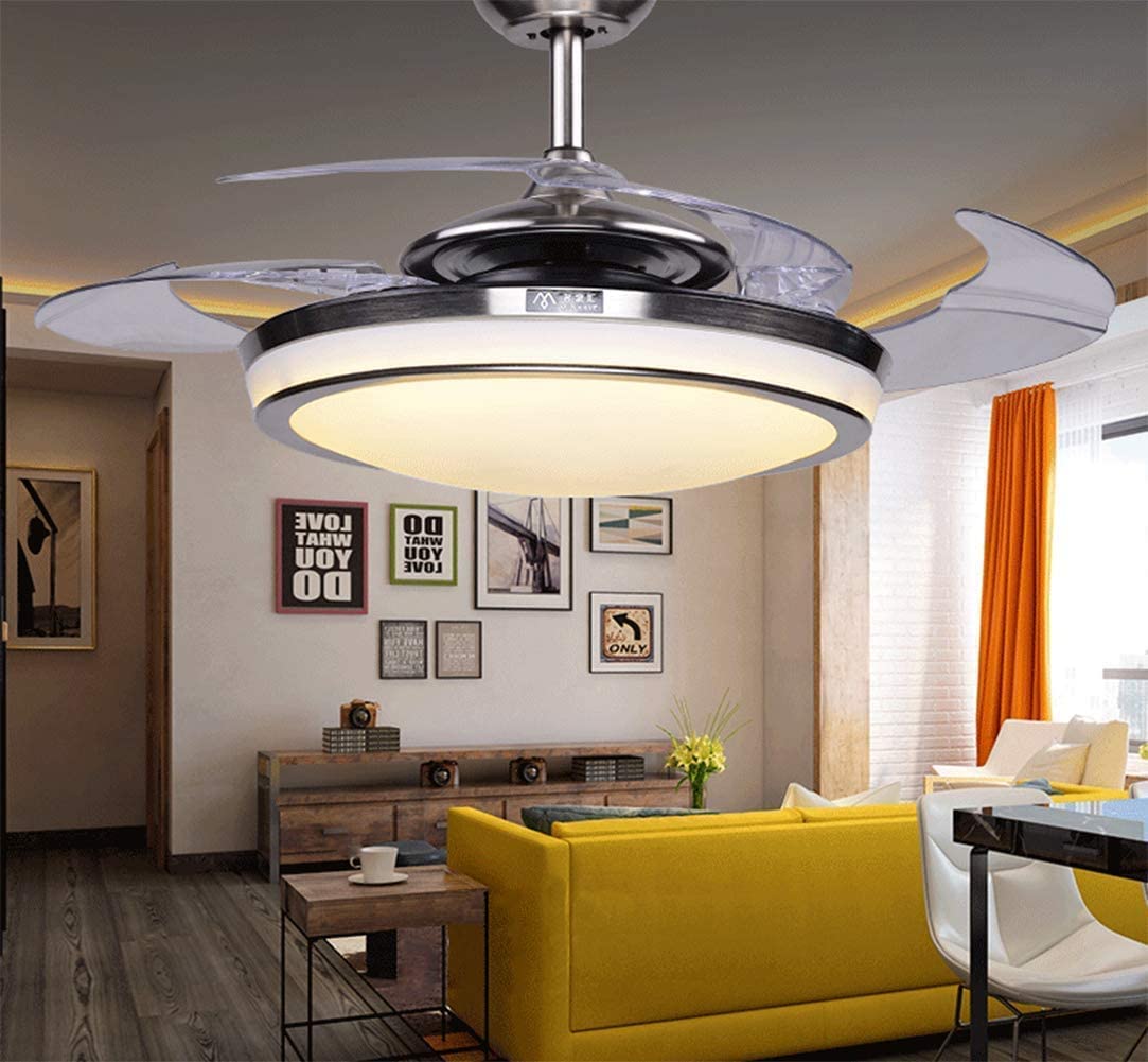 Fandian 44" Modern Ceiling Fan with Lights Remote Control Chandelier Fixture, 3 Lighting Changes Retractable Fandelier for Living Room Bedroom, Brush Chrome with Silent Motor