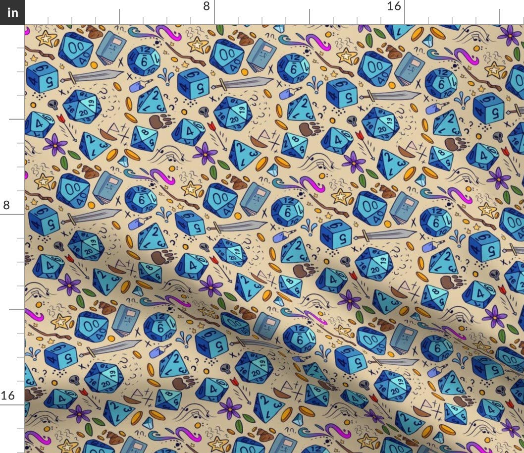Spoonflower Fabric - Blue Fantasy Illustration Sword Dice Dragons Printed on Petal Signature Cotton Fabric Fat Quarter - Sewing Quilting Apparel Crafts Decor