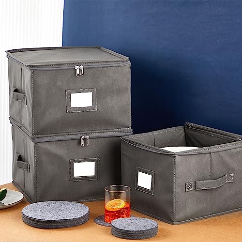 Geelin 6 Pieces China Storage Containers for Plate 2 Sizes Dinnerware Storage Box with Zipper Lid and Handles Including 40 Thick Felt Dividers Square Dinnerware Box for Stackable Bowls Cookware, Gray