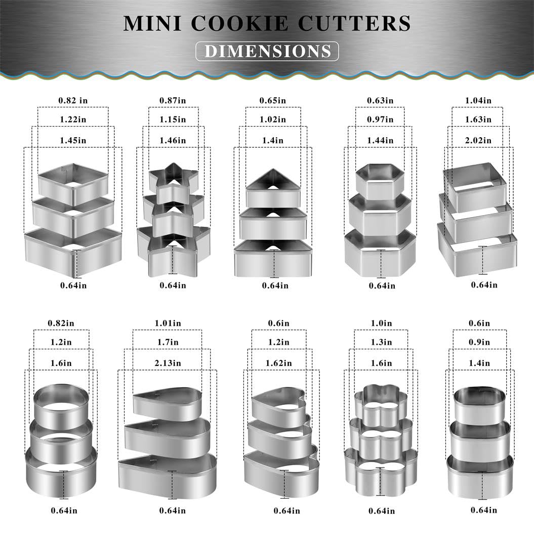 Mini Cookie Cutters Set with Box, QtoiKce 30Pcs Small Stainless Steel Flower Square Heart Round Star Triangle Oval Shapes Cookie Cutters, Mini Polymer Clay Cutters for Kids