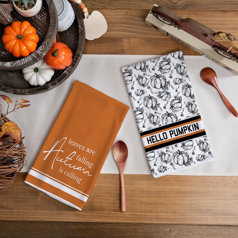 GEEORY Fall Kitchen Dish Towels Set of 2 for Fall Decor,Hello Black Printed Stripes Pumpkin 18x26 Inch Drying Dishcloth,Farmhouse Home Decoration GD117