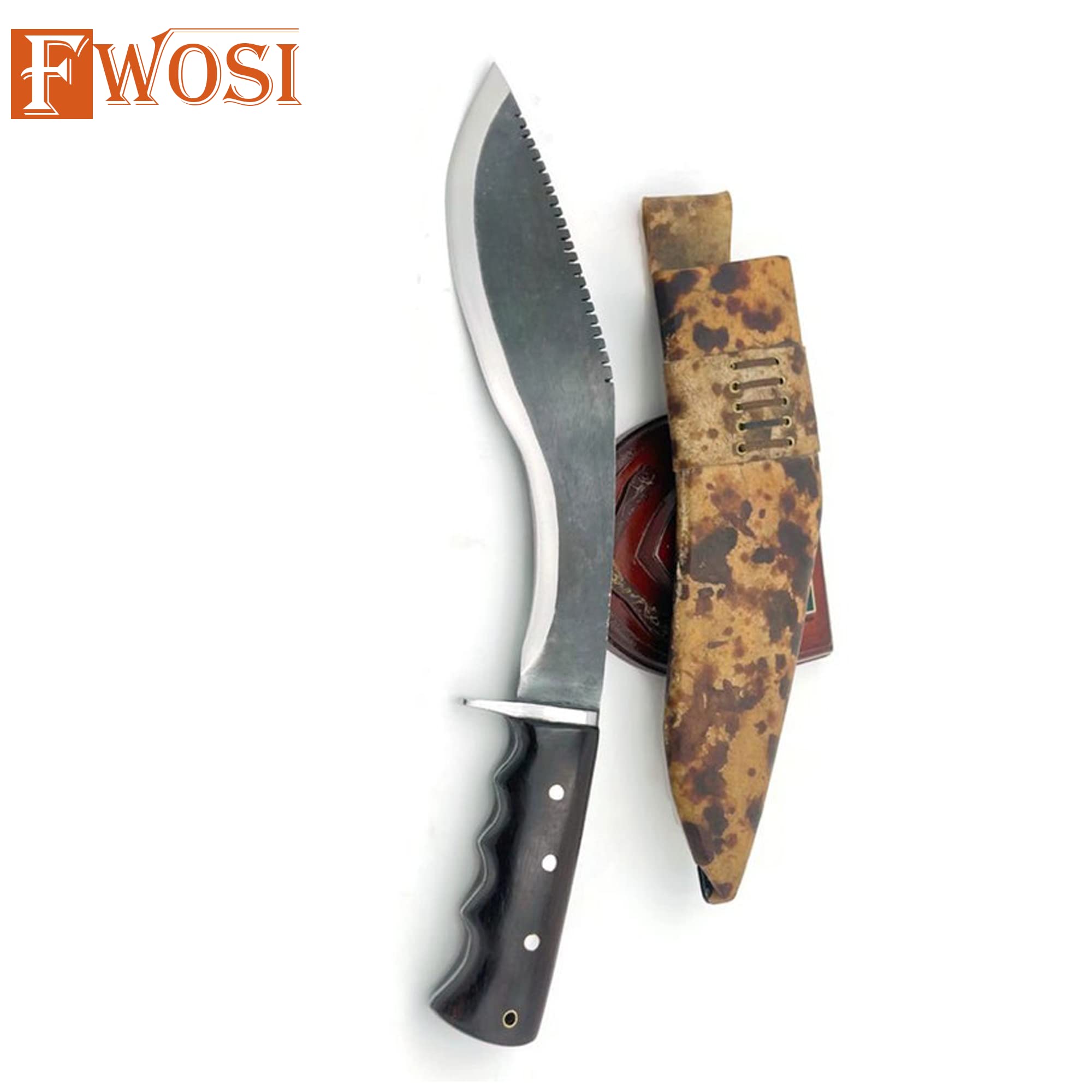 Fwosi Kukri Blade - 13-Inch Fixed Blade Knife, Gorkha Khukuri or Military Kukri - Carbon Steel Blades & Wooden Handle - Plus Leather Sheath with Belt Loop