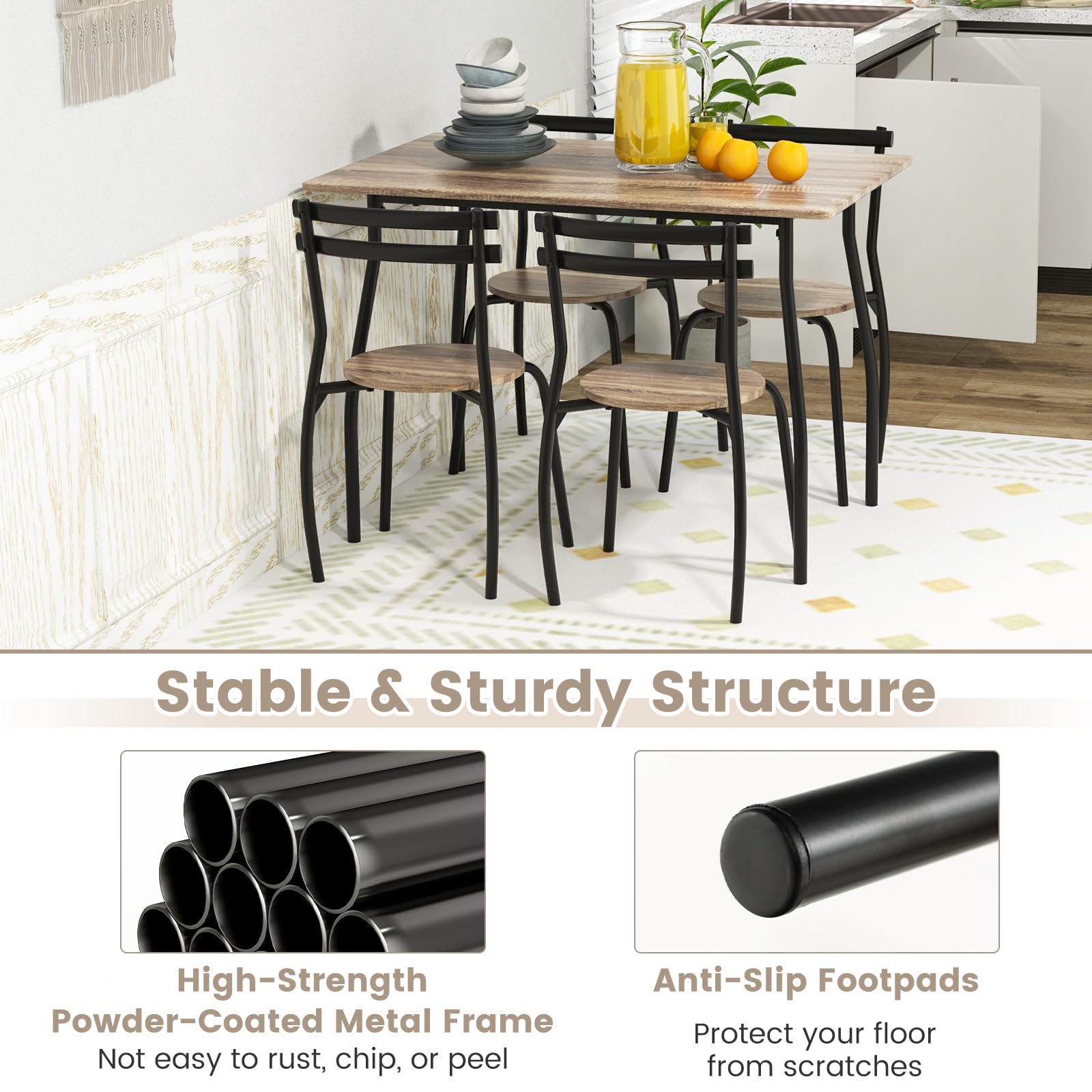 Giantex 5-Piece Dining Table Set, Modern Rectangular Dining Table & 4 Armless Chairs with Metal Frame, Kitchen Dining Room Furniture Set for 4, Space-Saving Dinette Set for Breakfast Nook, Natural