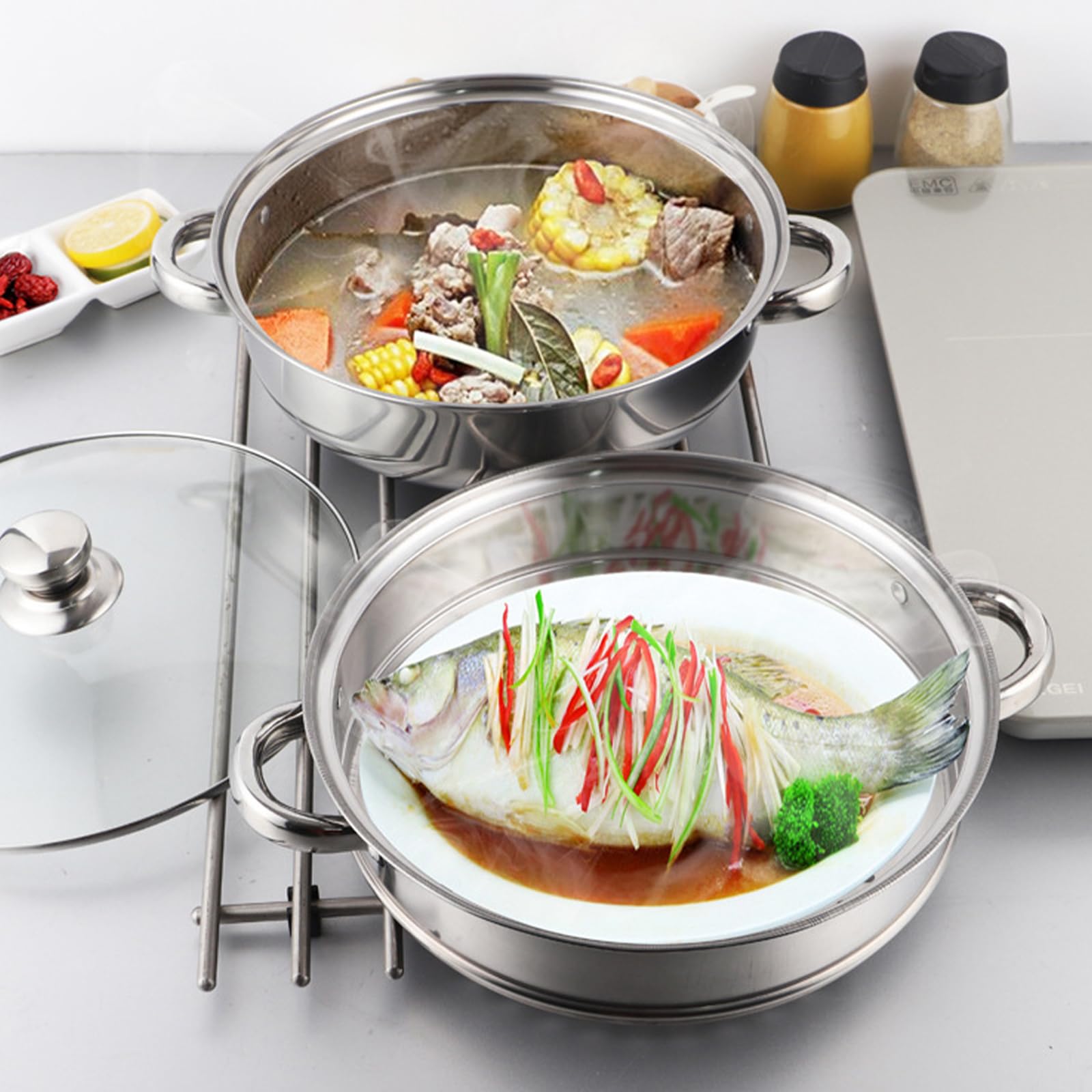 ZENFUN Steamer for Cooking, Steamer Pot with Steamer Insert, 2 Tier Stack and Steam Pot Set with Glass Lid, Stainless Steel Steamer Pot Double Handle, 11 Inch(Thickened)