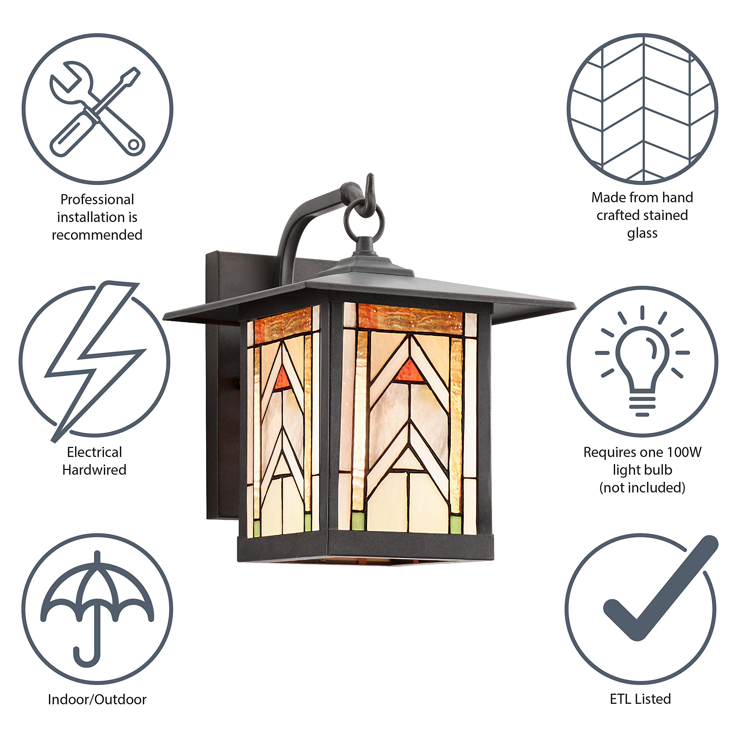 River of Goods Stained Glass Outdoor Light Fixture - 11.75" H - Mission Style Porch Light - Niki