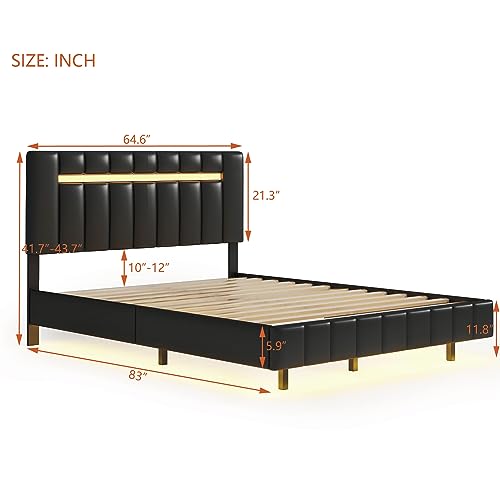 SIYSNKSI Modern Queen Size Upholstered Platform Bed, Floating Bed Frame with LED Lights and USB Charging, PU Leather Platform Bed for Kids Teens Adult Bedroom, No Box Spring Needed (Black-A032)