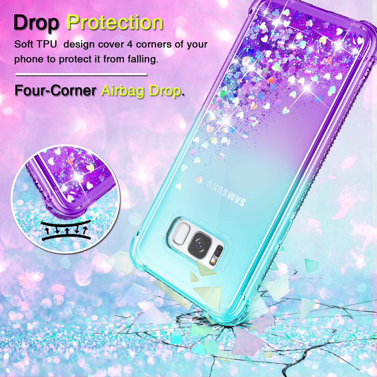 Galaxy S8 case, Galaxy S8 Phone case with hd Screen Protector for Girls Women Teal/Purple