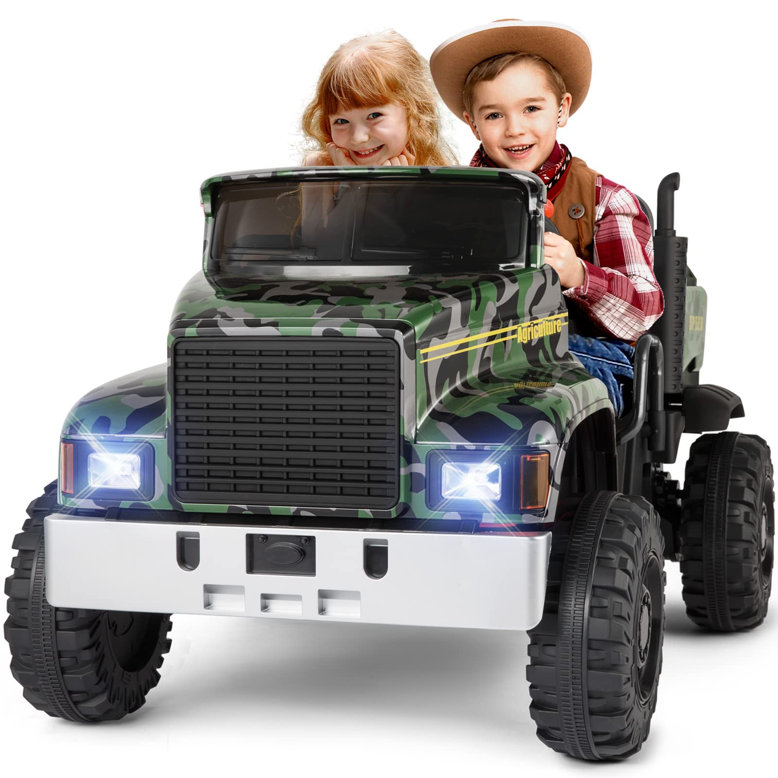 JOYLDIAS 2 Seater Ride On Car, 24V Battery-Powered Toy Tractor with Trailer, Dump Bed, Dual Motors, 4 Large Wheels, 2.4G Remote Control, 3 Speeds, Bluetooth, Camo Green, 47 * 31 * 27 inches