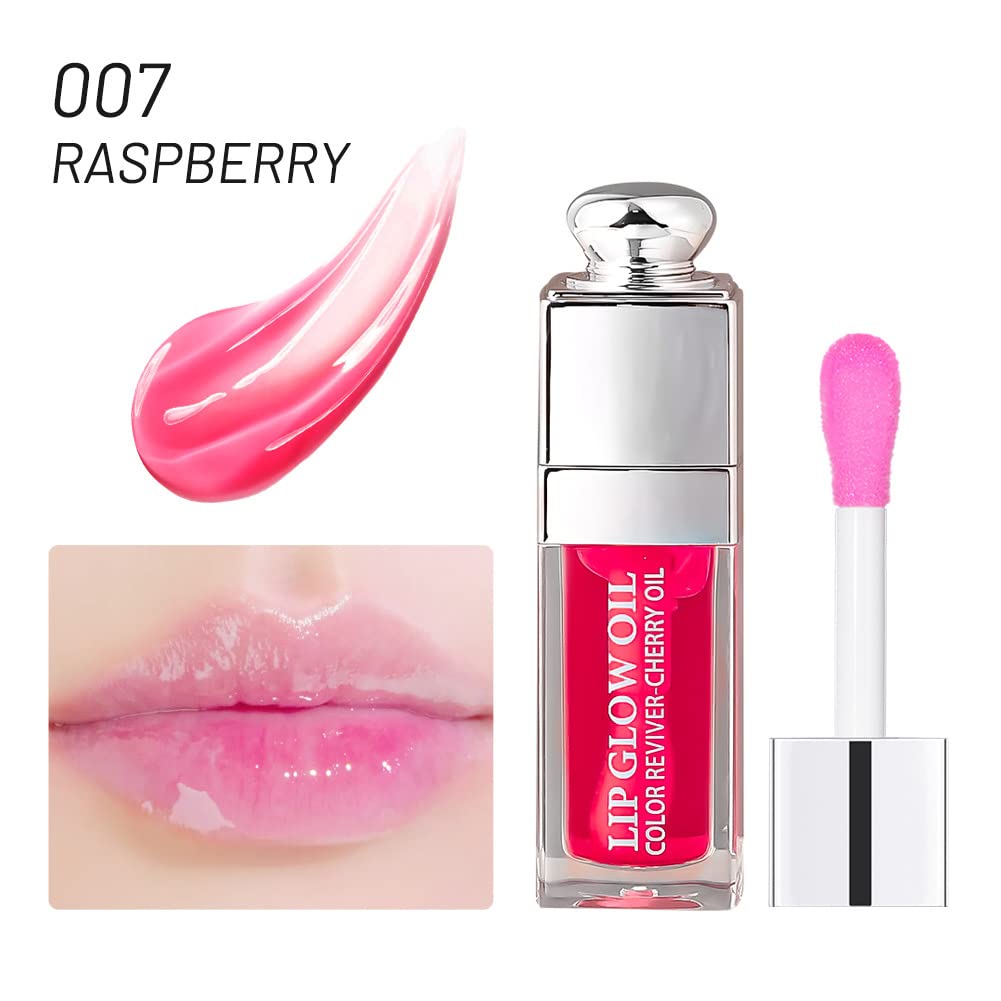 Hydrating Lip Glow Oil, Lip Oil Gloss Transparent Toot Tinted Nourishing Long Lasting Repairing Lightening Lip Lines (RASPBERRY) 0.2 OZ