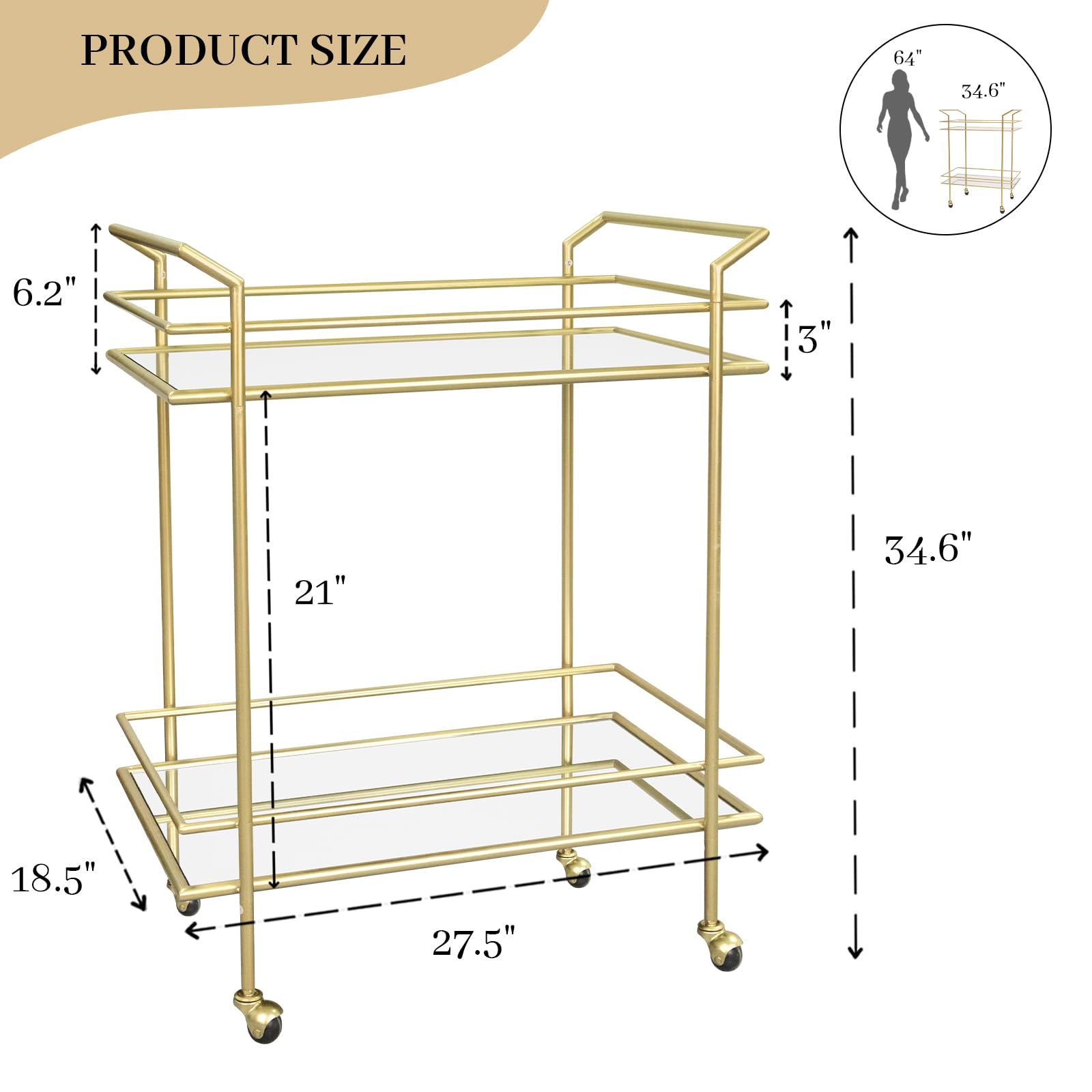 GIFTTROVE Gold Bar Cart for Home, 2 Tier Bar Serving Cart, Rectangular Rolling Bar Cart with 2 Mirrored Shelves, Wine Cart Stand for Kitchen, Living Room