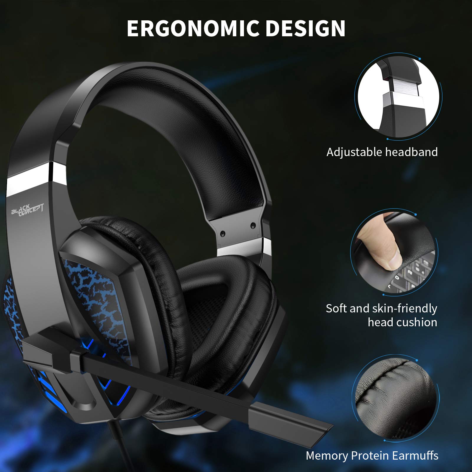 Gaming Headset for Xbox one,PC,PS4,PS5,Laptop,Mac,iPad,Switch Games, Video Game Headset with Microphone LED Lights Noise Canceling Bass Surround Soft Memory Earmuffs for Game Competition-Blue