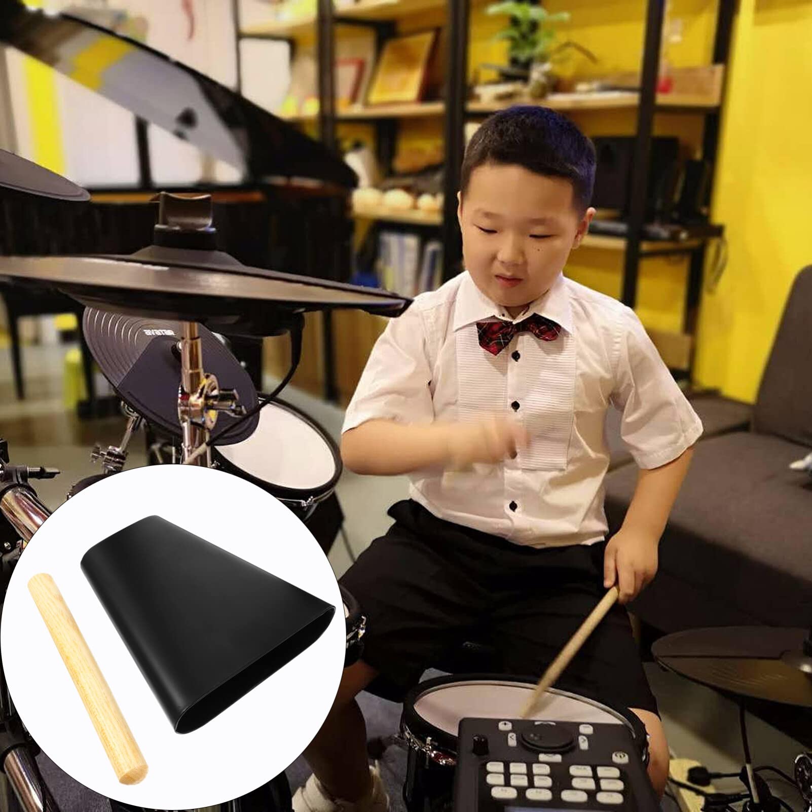 EXCEART 6 Inch Metal Cowbell With Wooden Mallet Percussion Cow Bells Noise Maker Musical Handheld Kit Drum Set Instrument Accessories Black