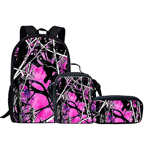 FKELYI Pink Camo Hunting Kids Girls School Bags Students Collage Bookbag Shoulder Backpack Camouflage Schoolbags Lunch Box Pencil Holder