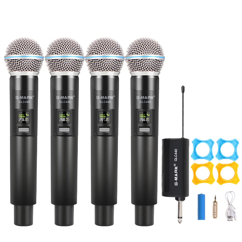 G-MARK Wireless Microphone, VHF Metal 4 Handheld Cordless Dynamic Mic System with Rechargeable Receiver, for Karaoke, Wedding, DJ, Party, Speech, Church, Class Use, (160 ft Range)-Auto Connect