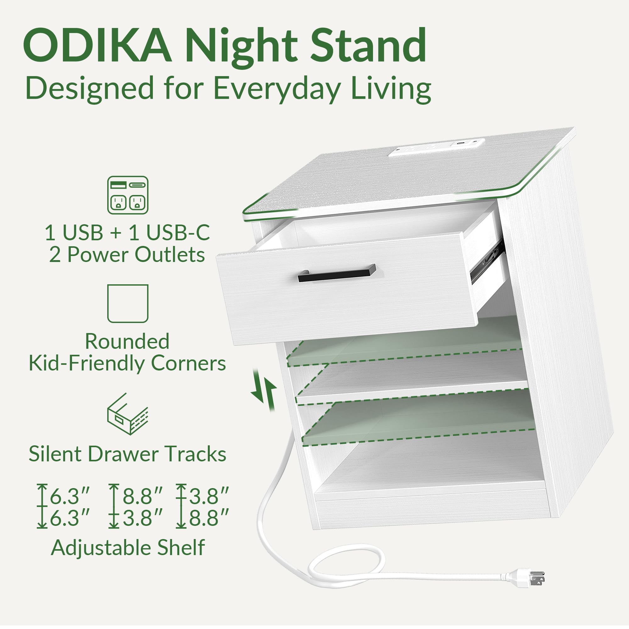 ODIKA Everyday Side Table with Fast Charging Station - USB C Cable Fast Charging, Wooden White Nightstand Bedside Table with Drawer, End Table with Optional Adjustable Shelf for Bedroom, Set of 1