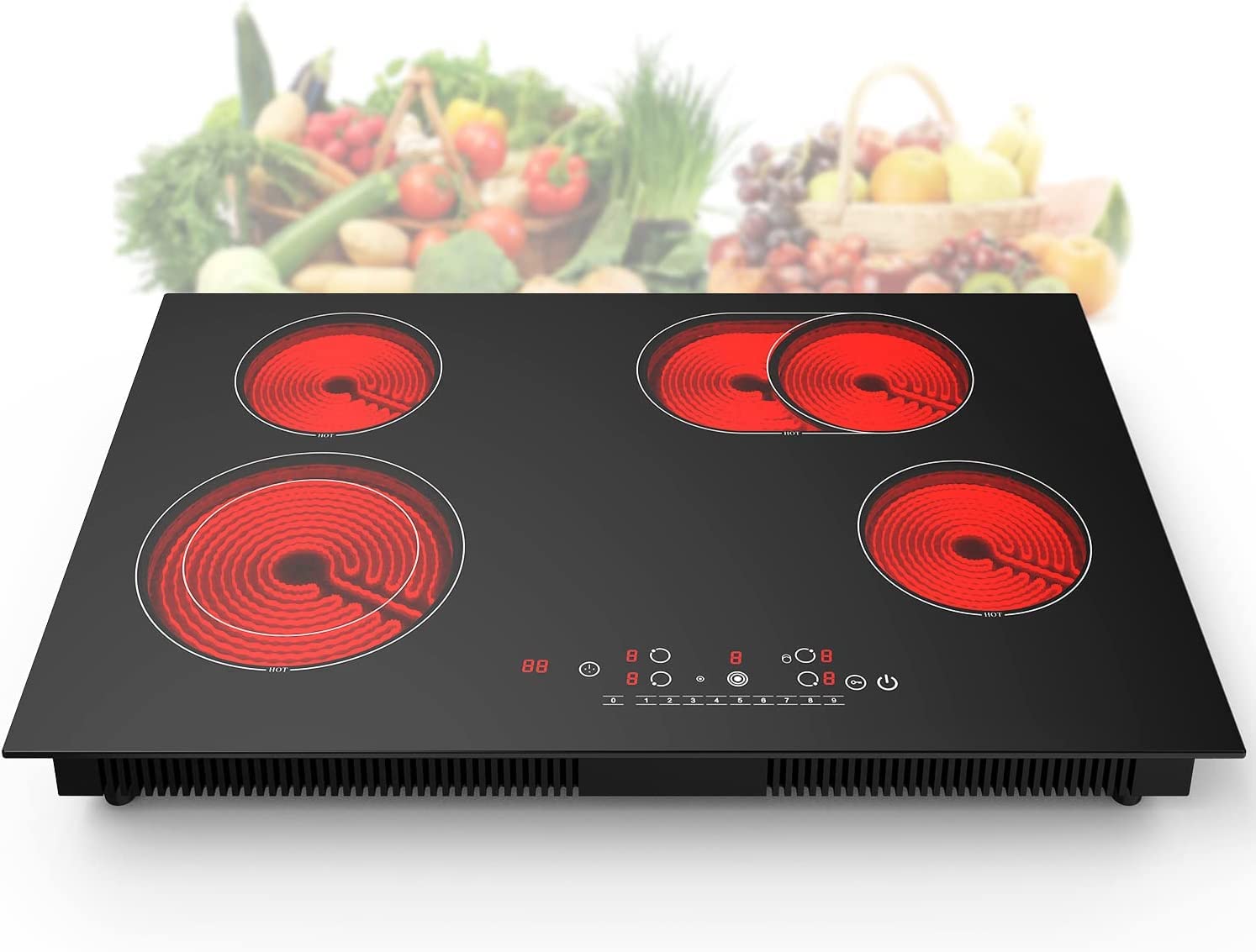 Electric Cooktop 30 Inch 4 Burner Built-in Electric Stove Top, 220V 7200W Electric Ceramic Cooktop, 9 Heating Levels, Timer & Kid Safety Lock, Suitable for all Cookware, without Plug