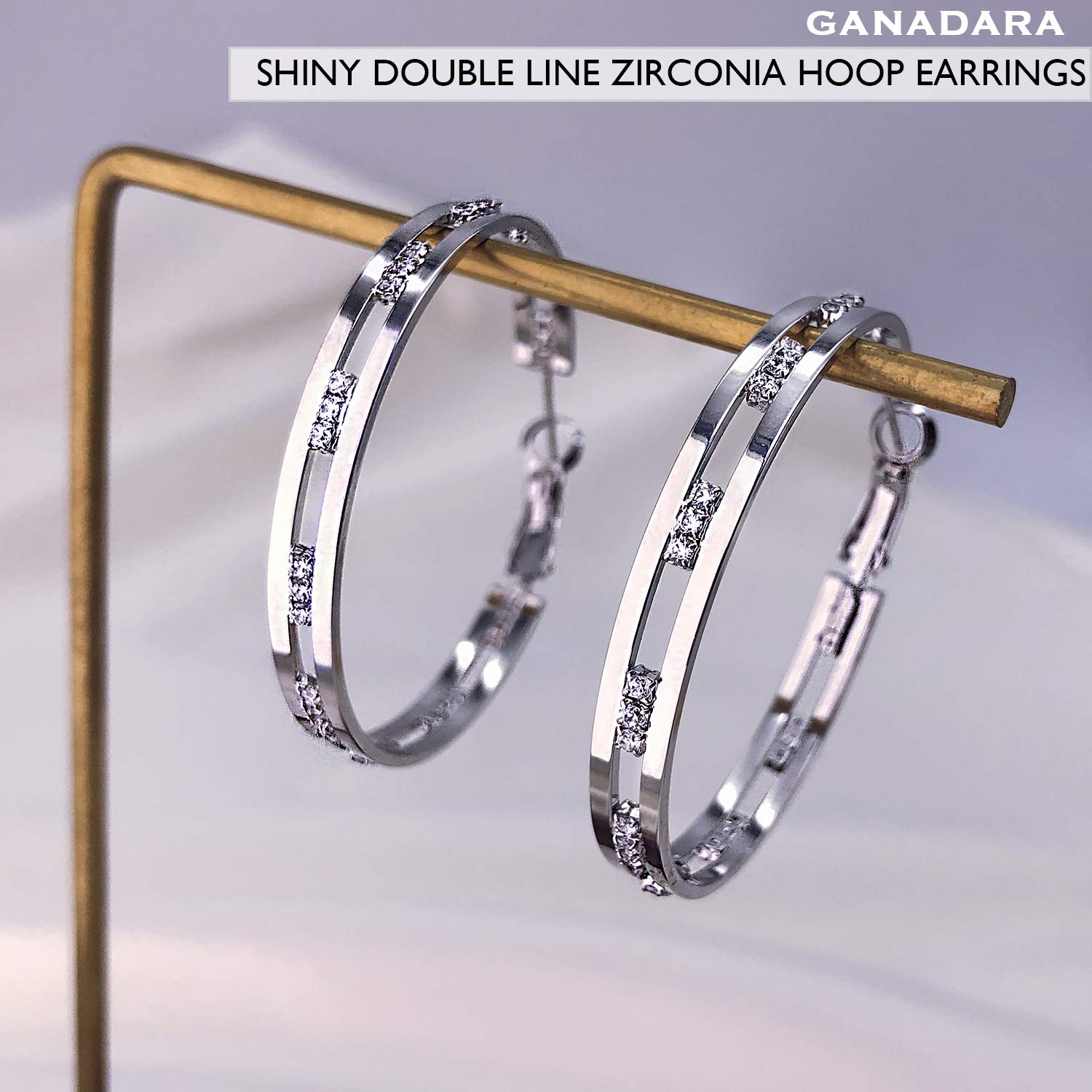 GANADARA Cubic Zirconia Hoop Earrings for Women - 14K Gold Plated 925 Sterling Silver Shiny Wide Round Hoop Earrings (Silver)