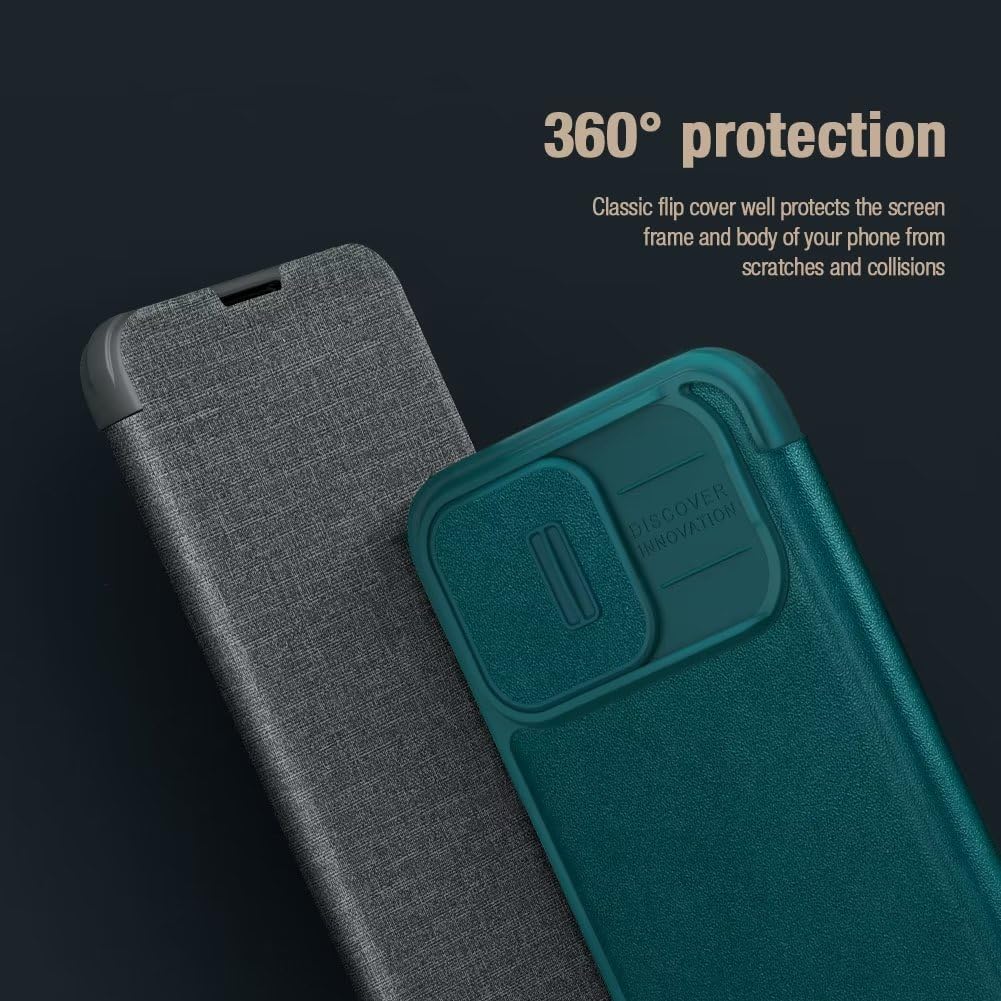 GOOVEN Flip leather case for iPhone 15 Pro Max [Compatible with Magsafe] Sliding camera cover Built-in card slot Impact-resistant slim business folio case，Green