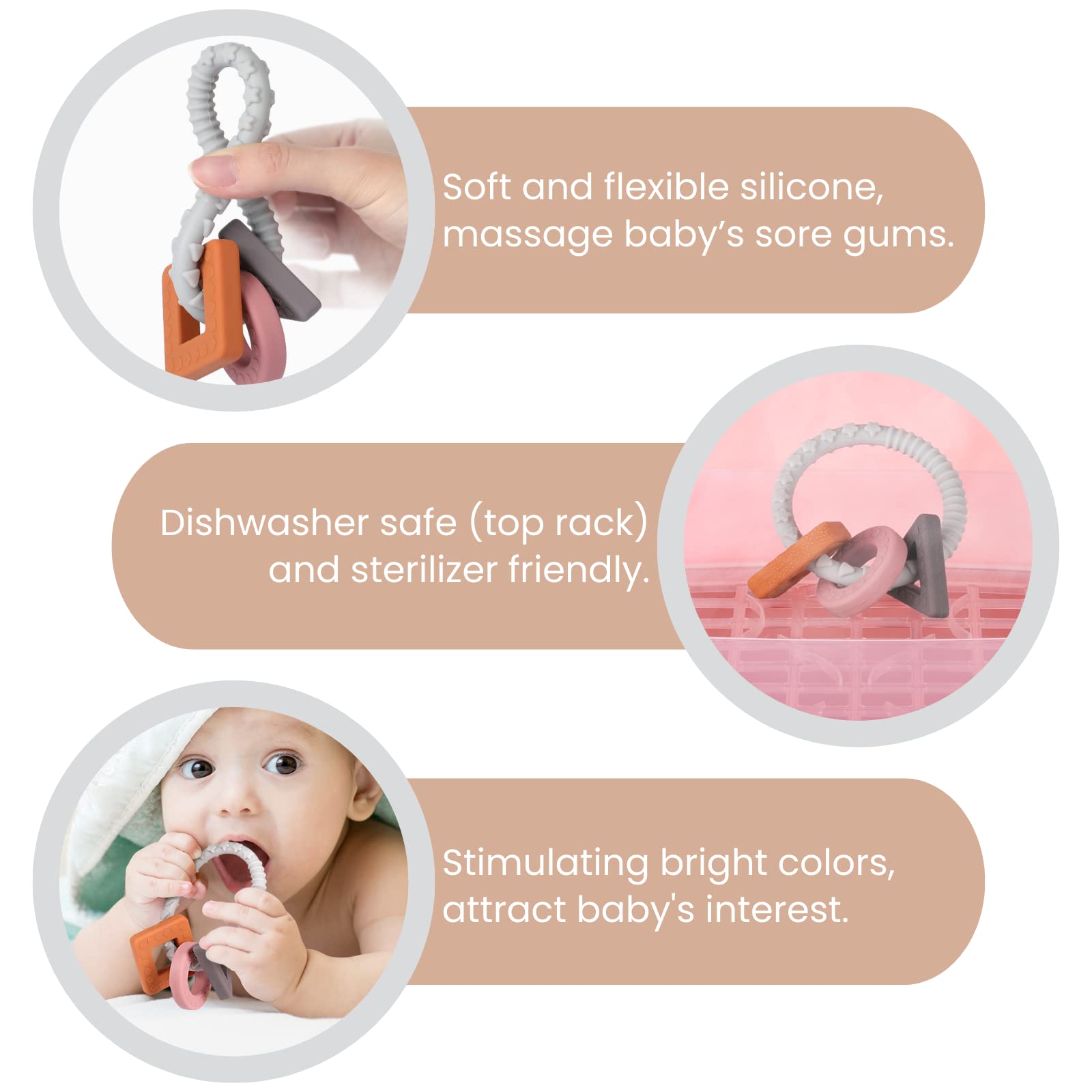 Kalovin Teether Rings, Silicone Sensory Teething Ring with Keys Design Toys, Baby Teether Links, Food Grade Silicone, BPA & Phthalate