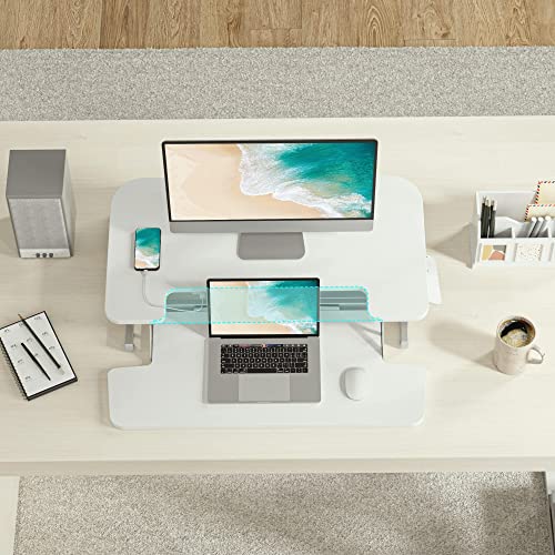 FEZIBO 28” Height Adjustable Standing Desk Converter with USB Charging Port, Quick Sit to Stand Tabletop Dual Monitor, Stand Up Desk Riser for Home Office, White