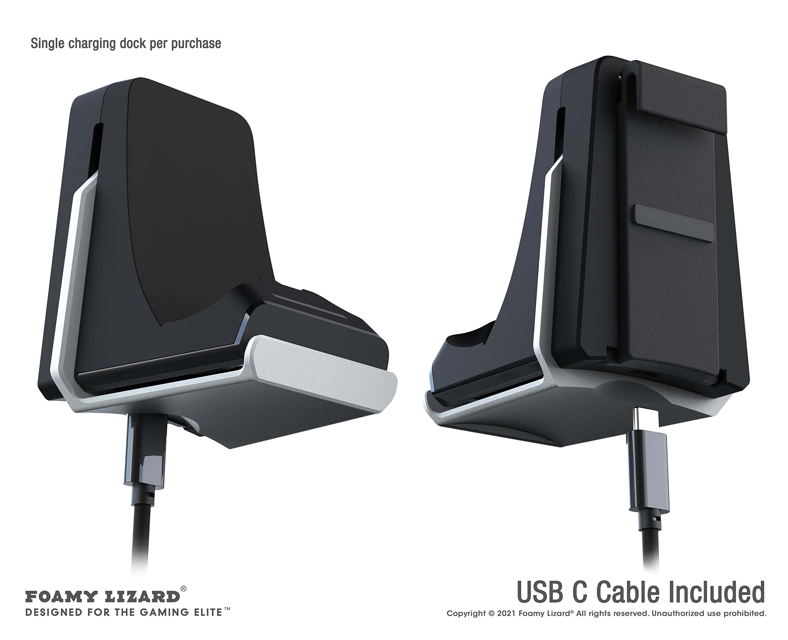 Foamy Lizard PS5 Controller Charger Console and Wall Mount for Playstation 5 DualSense Fast Charging Station Hanging Dock, Headphone Hook, LED Indicator, Overcharge Protection (PS5 White+Black)
