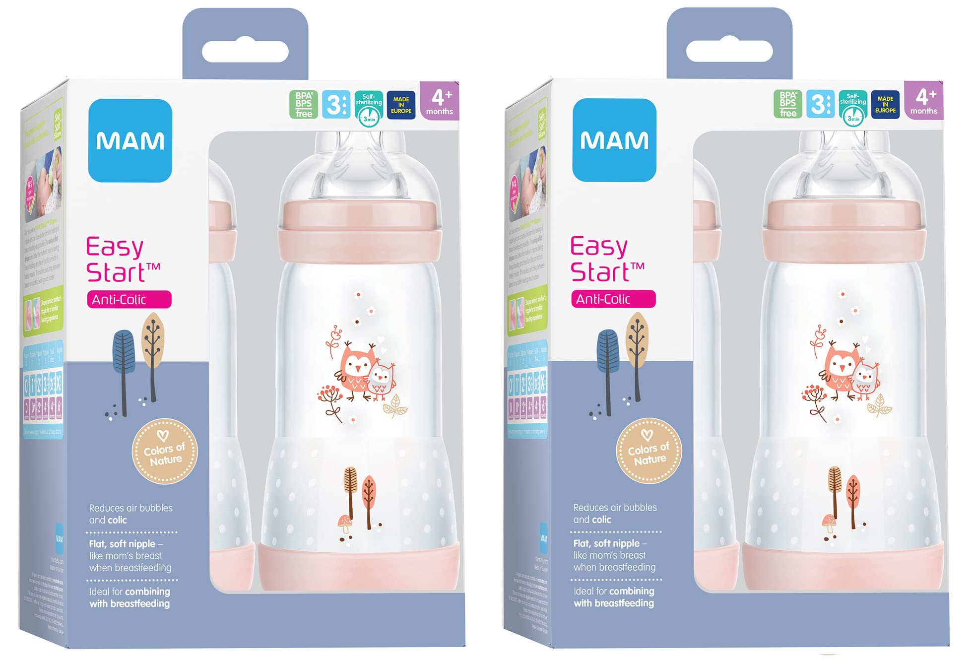 MAM Easy Start Anti-Colic Fast Flow Bottles, 11 oz. (4-Count), Easy Switch Between Breast and Bottle, Reduces Air Bubbles and Colic, 4+ Months, Matte/Girl
