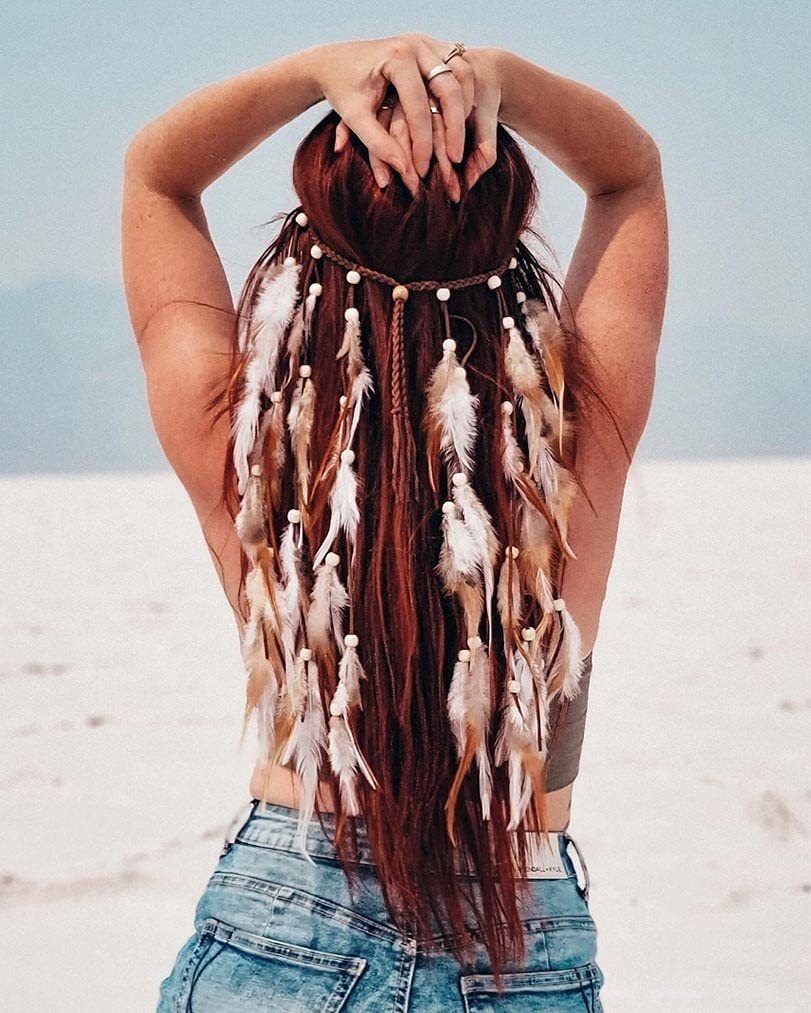 Gangel Bohemian Feather Hairband Gypsy Headband with White and Brown Feather Tassel Hemp Rope for Festival Masquerades, Carnival, Hippie Costume, Women's Prom Accessories