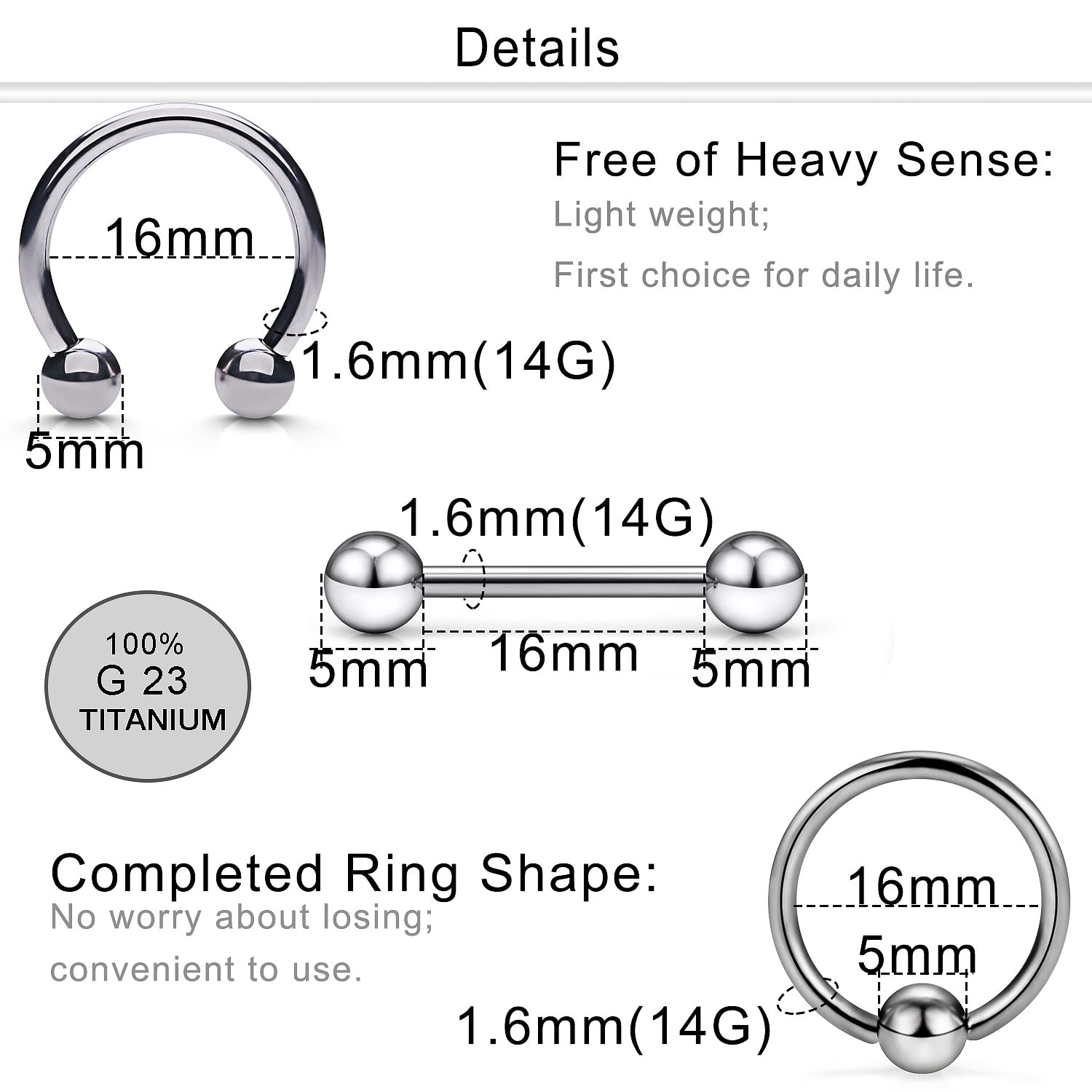 Dyknasz G23 Implant Grade Solid Titanium Externally Threaded Nipple Rings Hoop Straight Barbell Nipple Shield Piercing Jewelry for Women Men 16mm