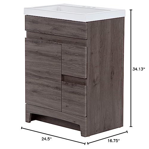 Spring Mill Cabinets Muriel Bathroom Vanity with 1-Door Cabinet, 2 Drawers, and White Single-Sink Top, 24.5" W x 16.75" D x 33.89" H, Dark Oak