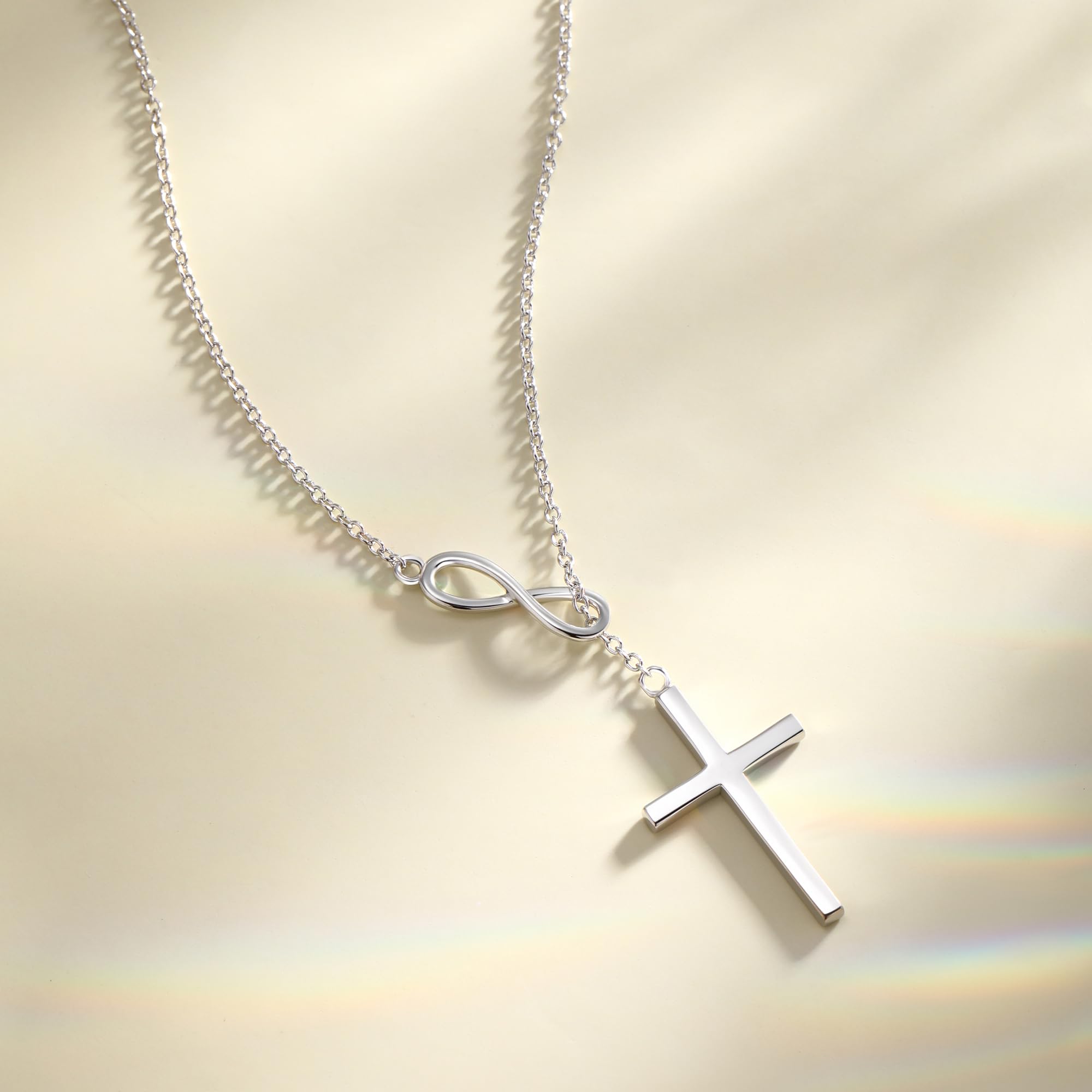 FANCIME White Gold Plated 925 Sterling Silver High Polished Infinity Cross Pendant Lariat Necklace Y Necklace Gift for Women, 18"
