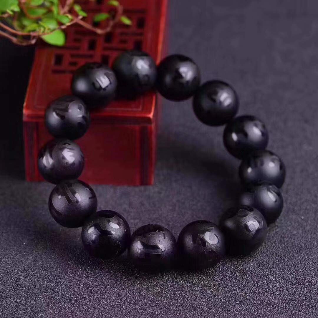 Feng Shui bracelet black obsidian 14mm Matte surface Hand Carved Mantra Bead Attract Good Luck Wealth and Prosperity Men Women Bangle