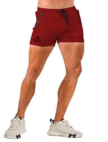 MAIKANONG Mens Gym Shorts Bodybuilding Outdoor Training Quick Dry Workout Shorts with Zipper Pockets Red