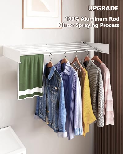 Laundry Drying Rack, 31.5" Wall Mounted Drying Rack, Collapsible Drying Rack with 60lbs Capacity, Space Saving Drying Rack with Wall Template, Screwdriver Bit & Drill Bit, White Upgrade