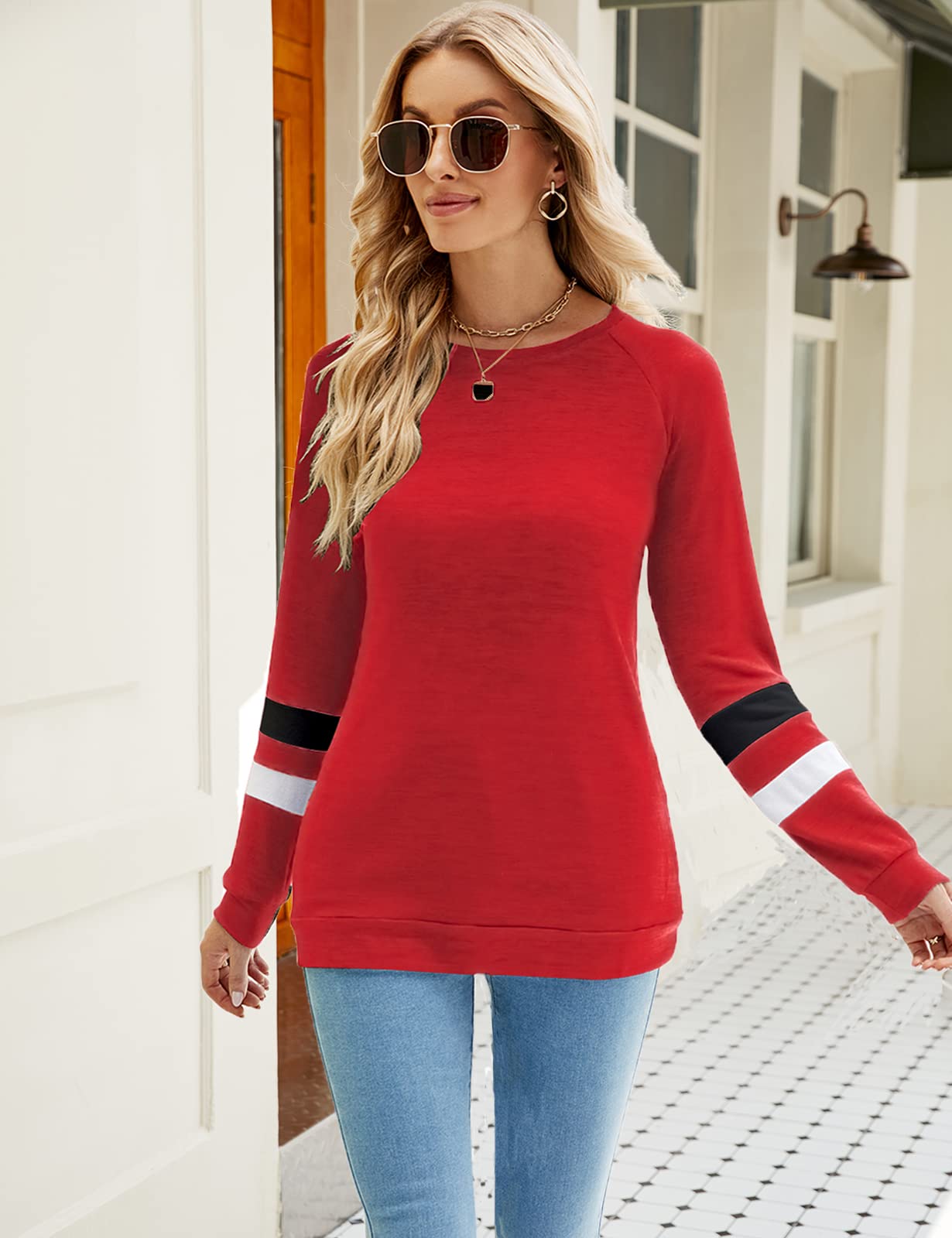 Kancystore Red Sweatshirts for Women Crewneck Tunic Sweaters Solid Striped Long Sleeve Tops Pullover L