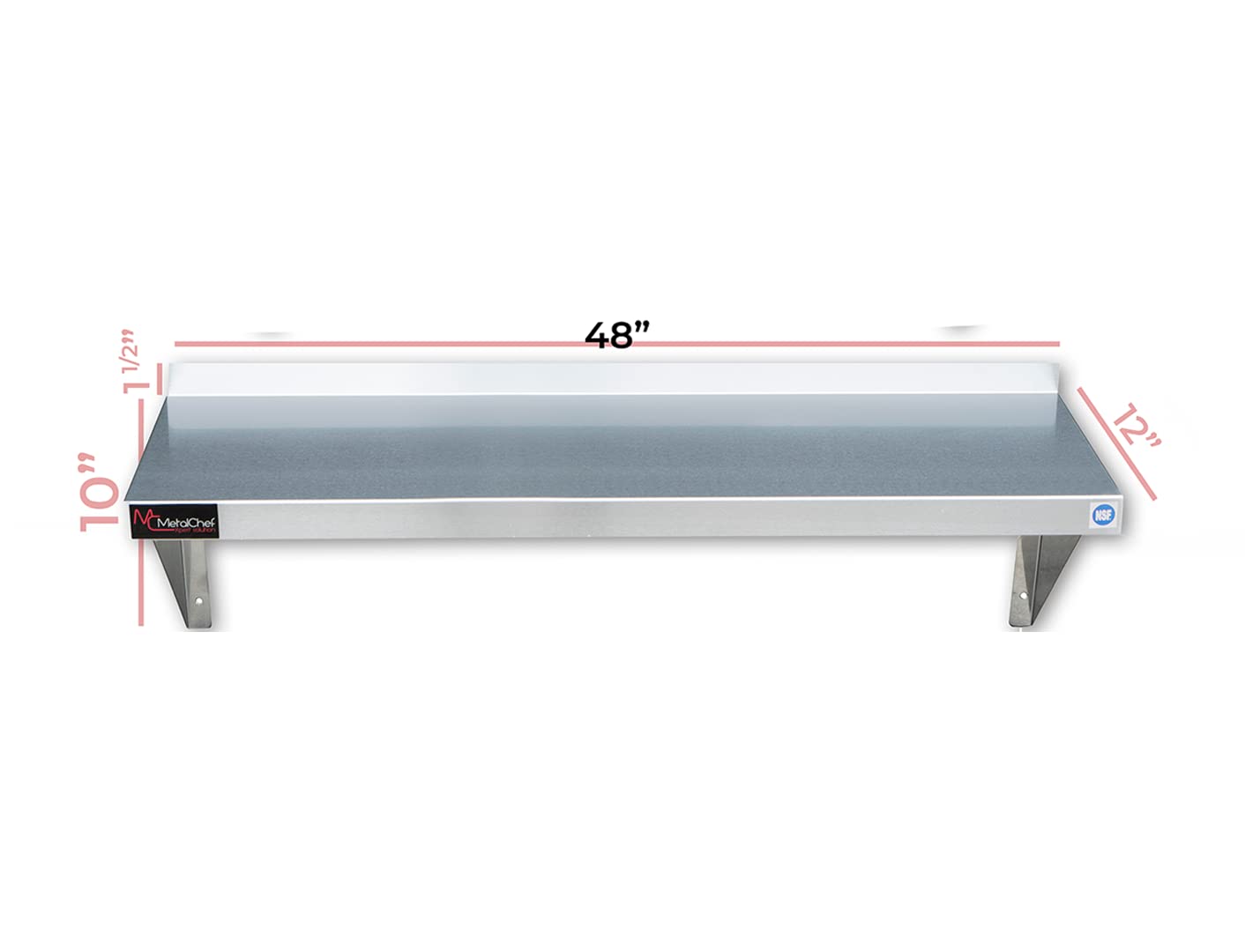 METALCHEF, Stainless Steel Wall Shelf with backsplash 12β D x 48β W| Metal Shelf for Kitchen, Restaurant, Garage and Laundry Room, Wall Mount NSF 18 GA